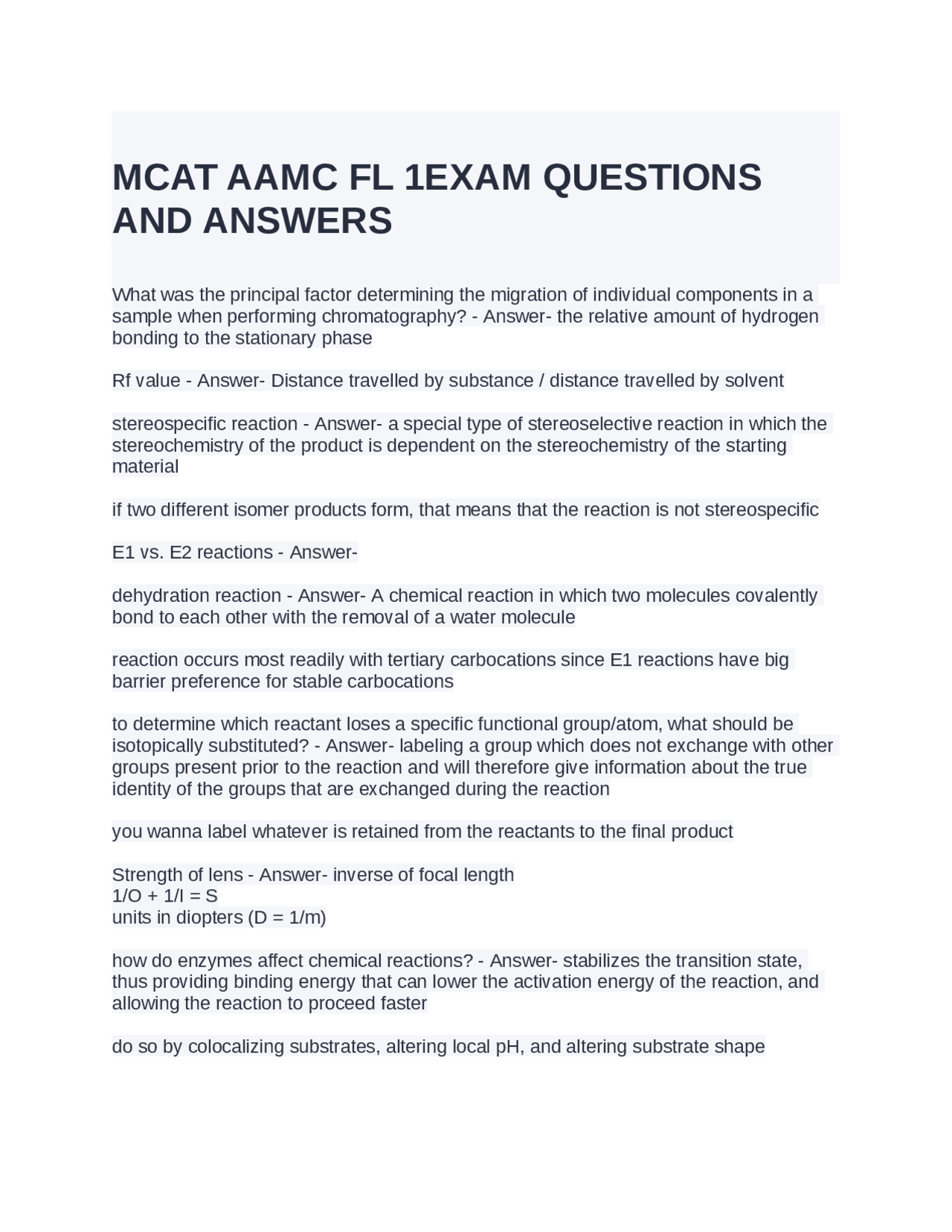MCAT AAMC FL 1EXAM QUESTIONS AND ANSWERS WITH COMPLETE SOLUTIONS 2025 ...