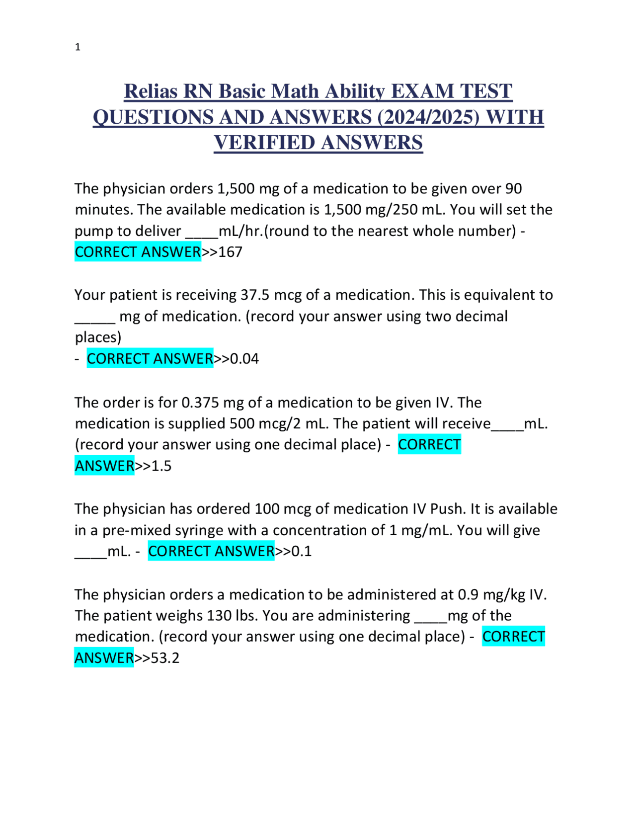 Relias RN Basic Math Ability Exam Test: Questions and Answers (2024/ ...