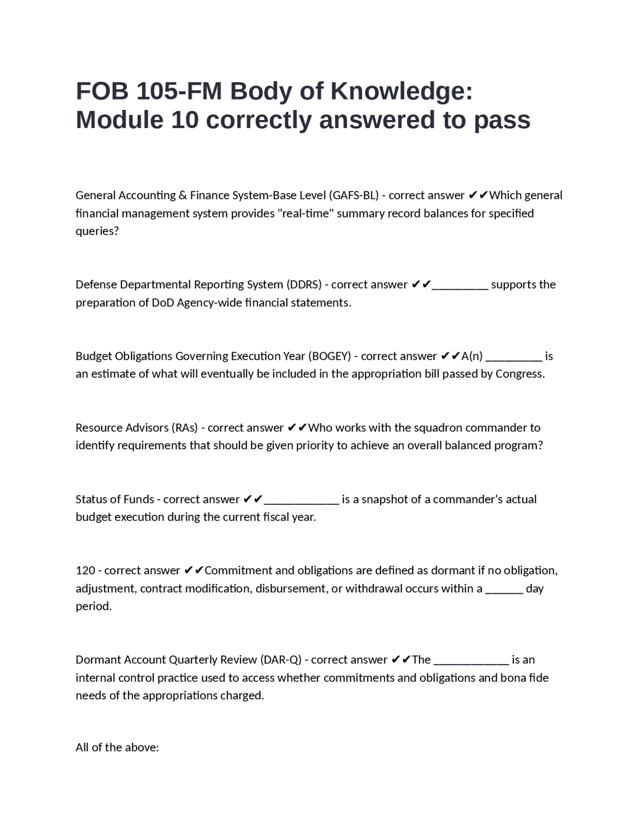 FOB 105-FM Body of Knowledge Module 10 correctly answered to pass-2 ...