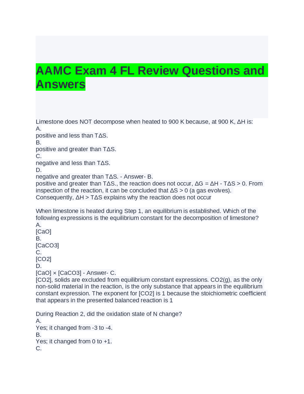 AAMC Exam 4 FL Review Questions and Answers with complete solutions ...