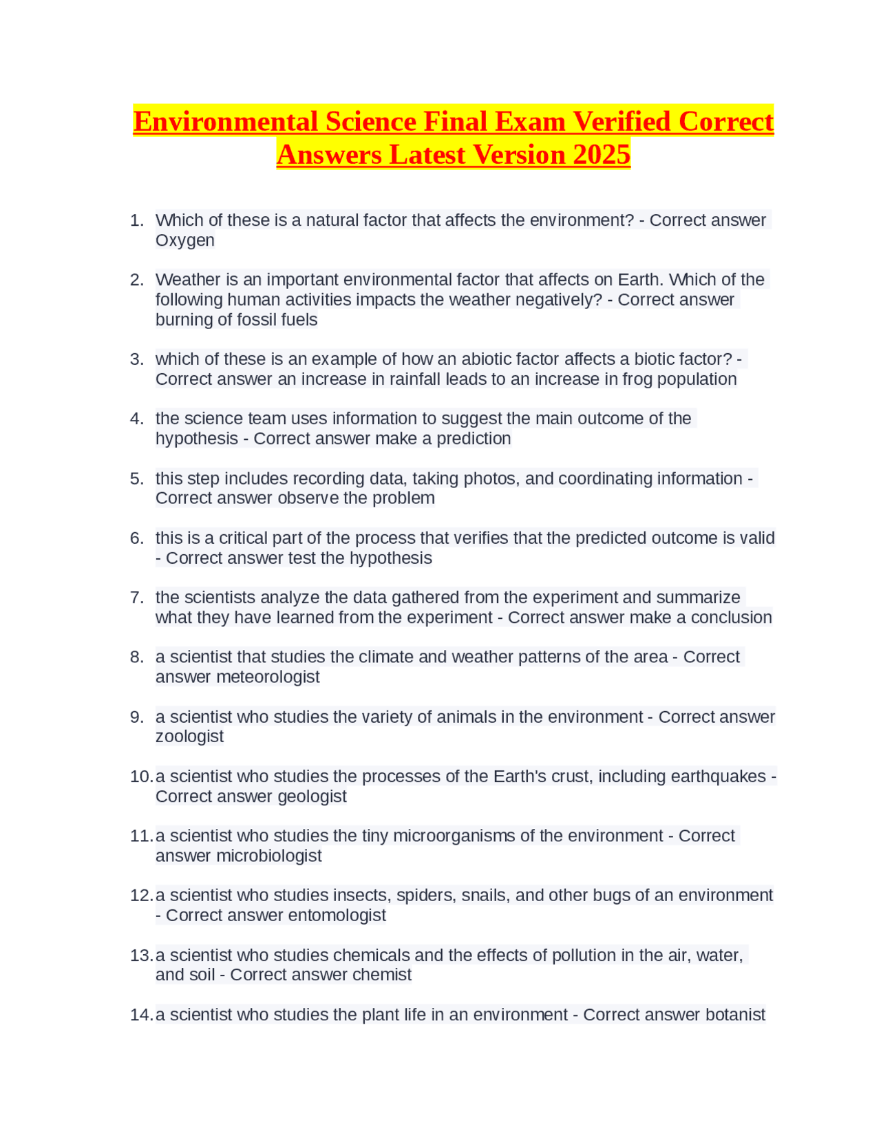 Environmental Science Final Exam: Multiple Choice Questions and Answers ...