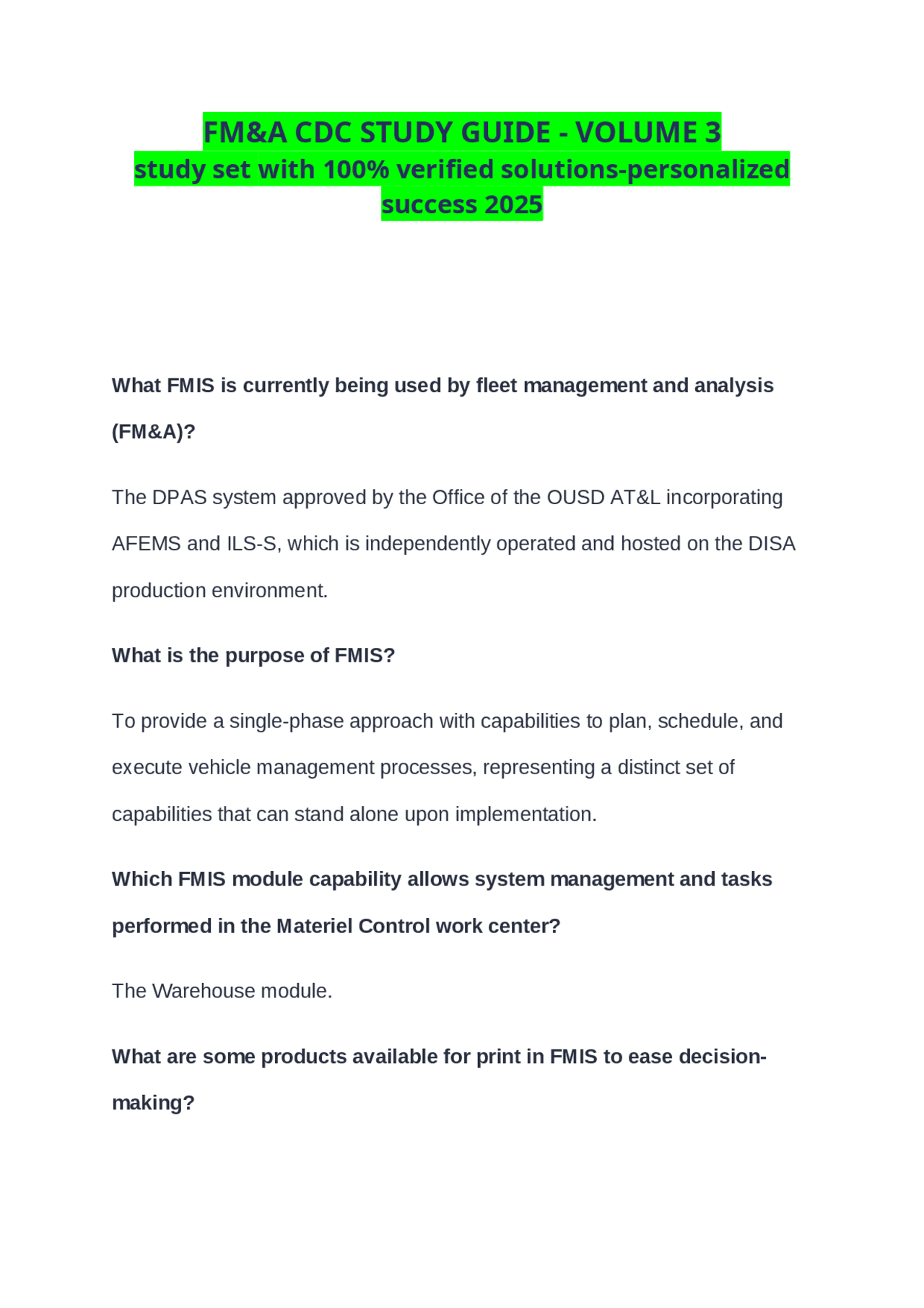 FM&A CDC STUDY GUIDE - VOLUME 3 study set with 100% verified solutions ...