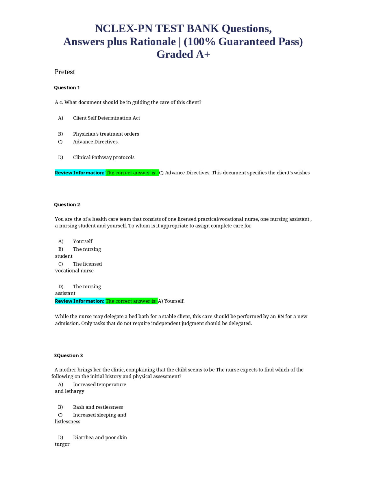 NCLEX-PN TEST BANK Questions, Answers plus Rationale | (100% Guaranteed ...