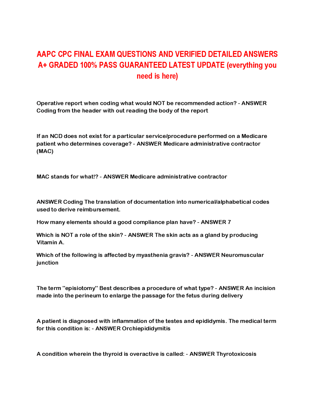 AAPC CPC Final Exam Questions and Answers: Comprehensive Study Guide ...