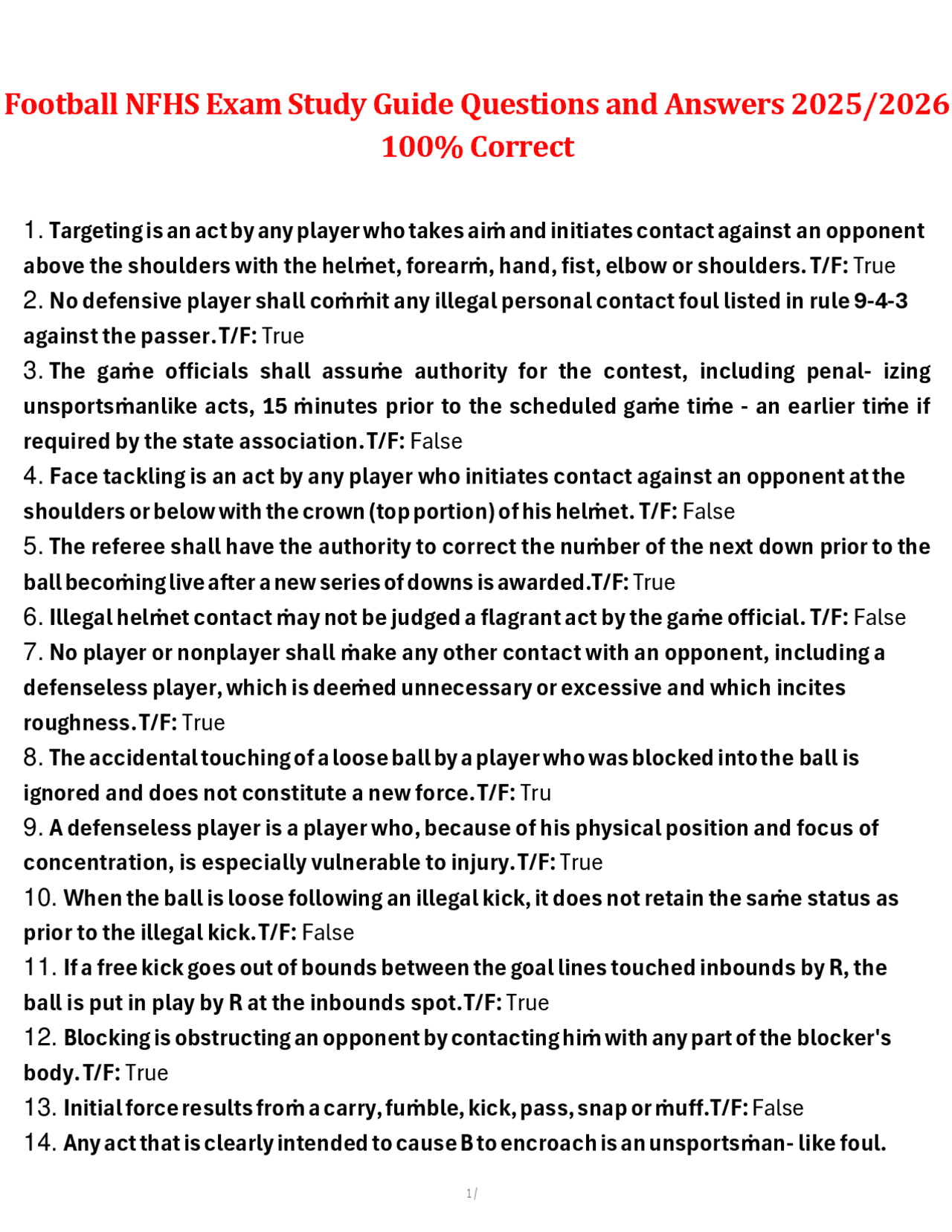Football NFHS Exam Study Guide Questions and Answers 2025/2026 100% ...