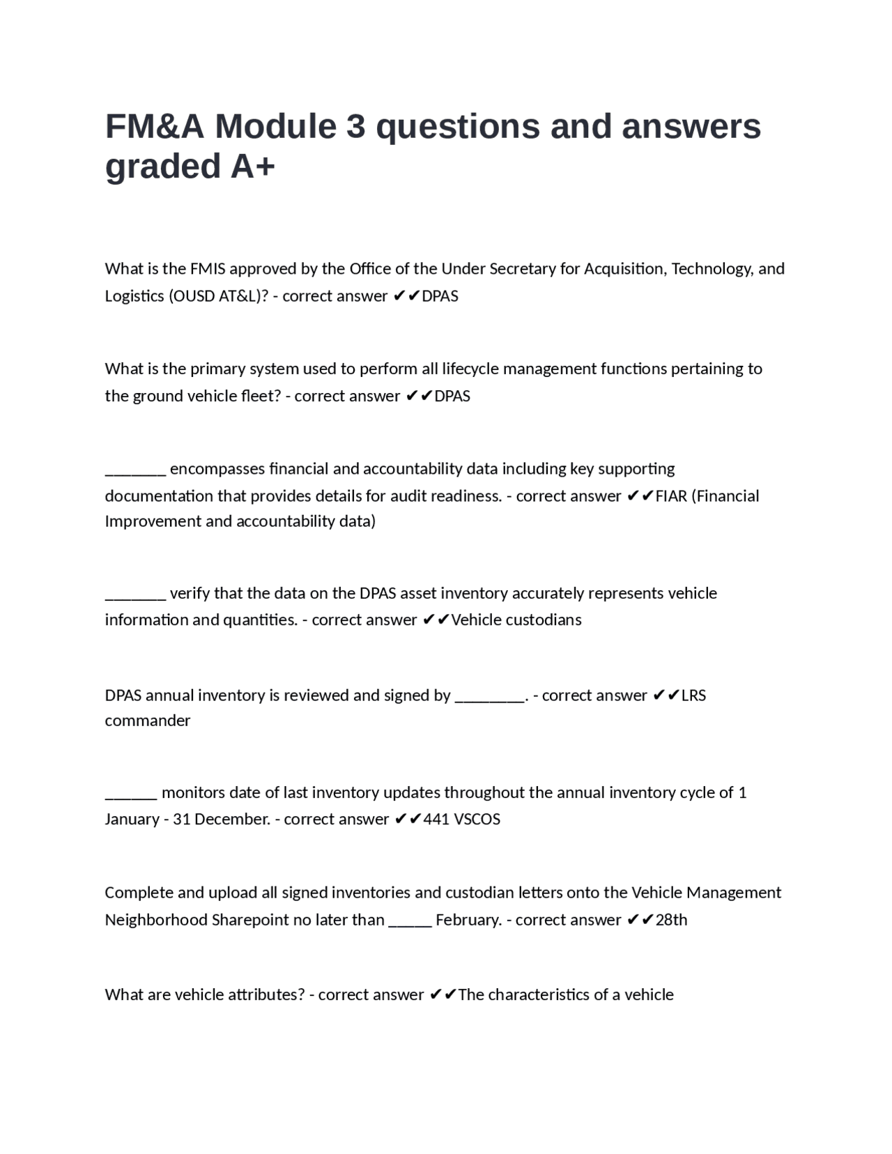 FM&A Module 3 questions and answers graded A+-11 | Exams Nursing | Docsity