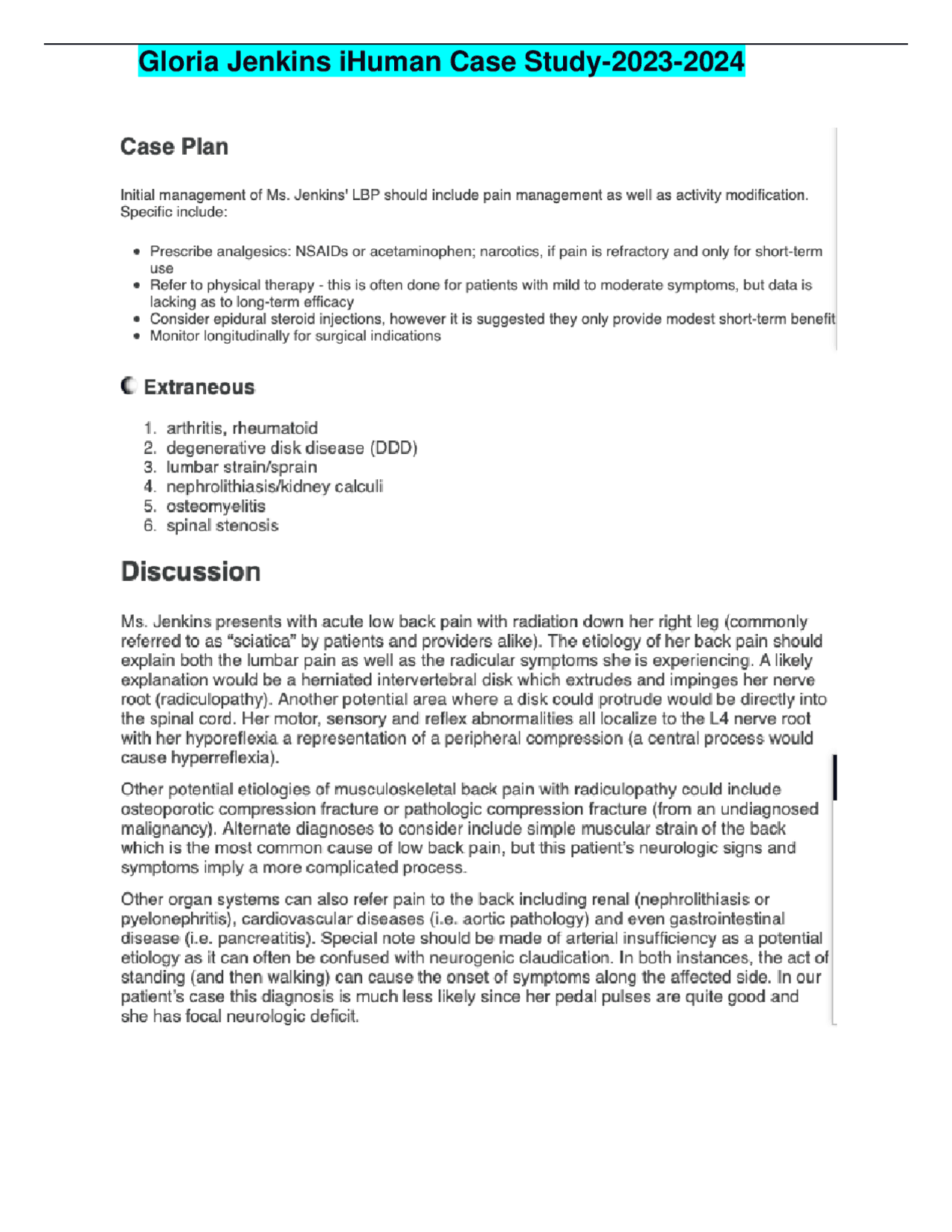 Gloria Jenkins iHuman Case Study-2023-2024 | Exams Health sciences | Docsity