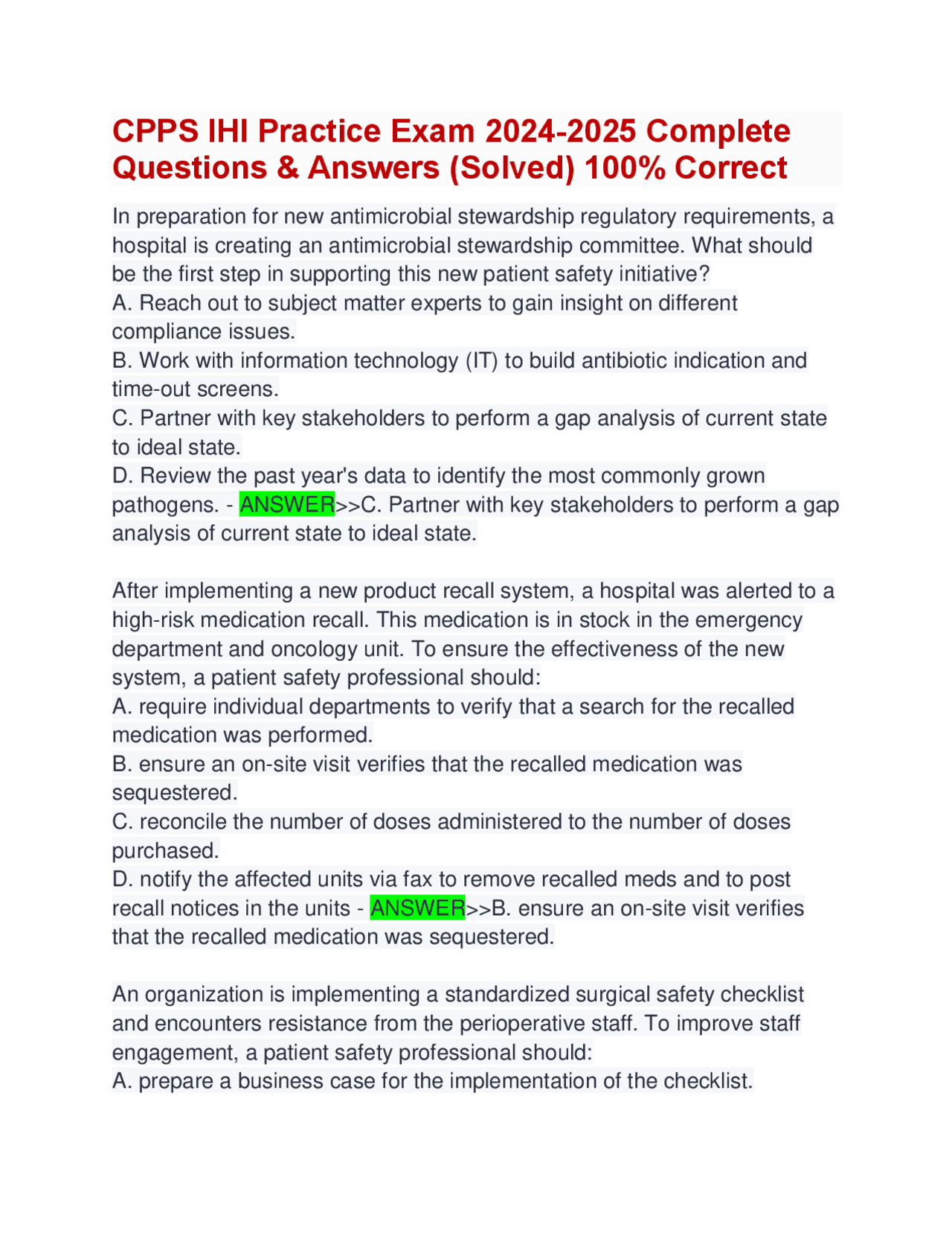 CPPS IHI Practice Exam 2024-2025: Questions & Answers (Solved) 100% Correct | Exams Nursing ...