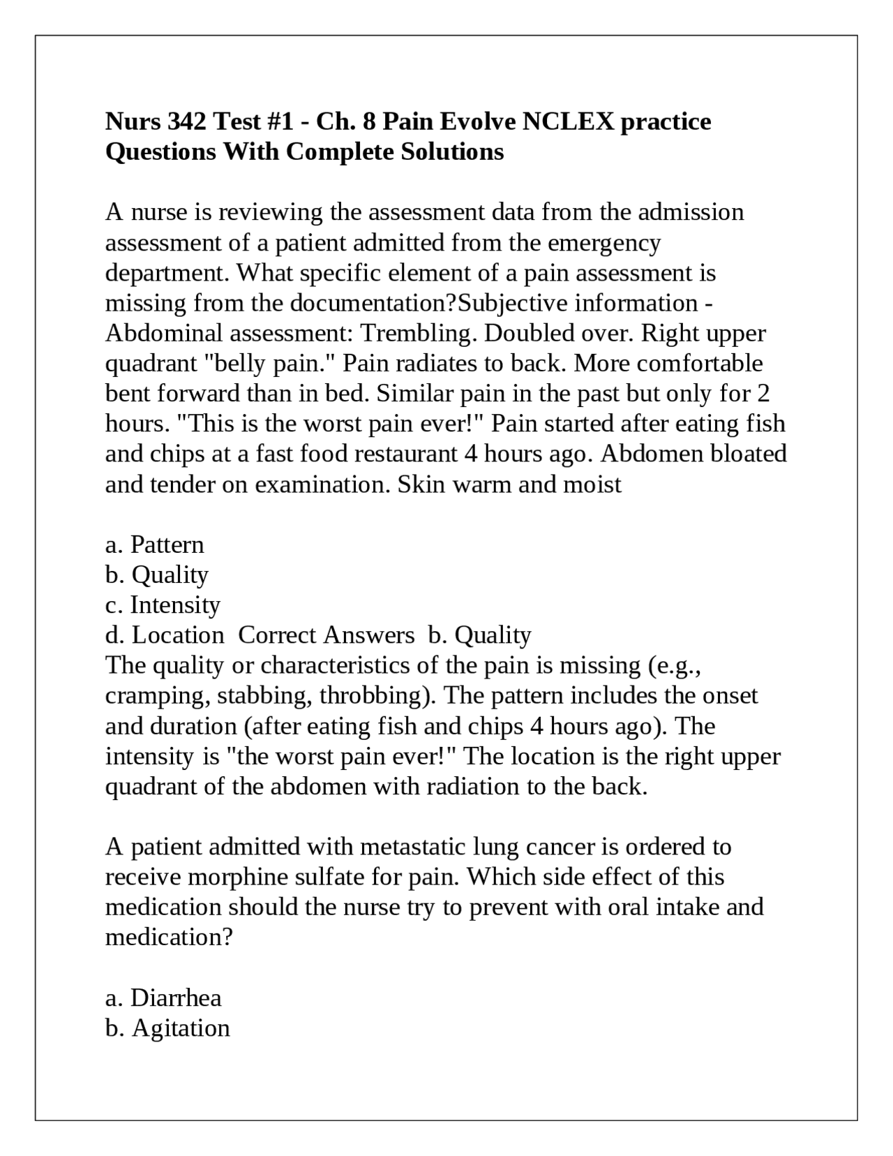Nurs 342 Test #1 - Ch. 8 Pain Evolve NCLEX Practice Questions With ...
