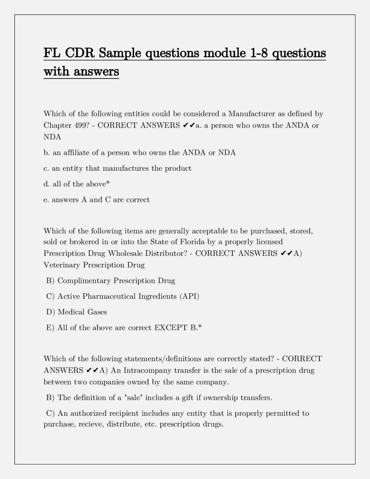 FL CDR Sample questions module 1-8 questions with answers | Exams ...