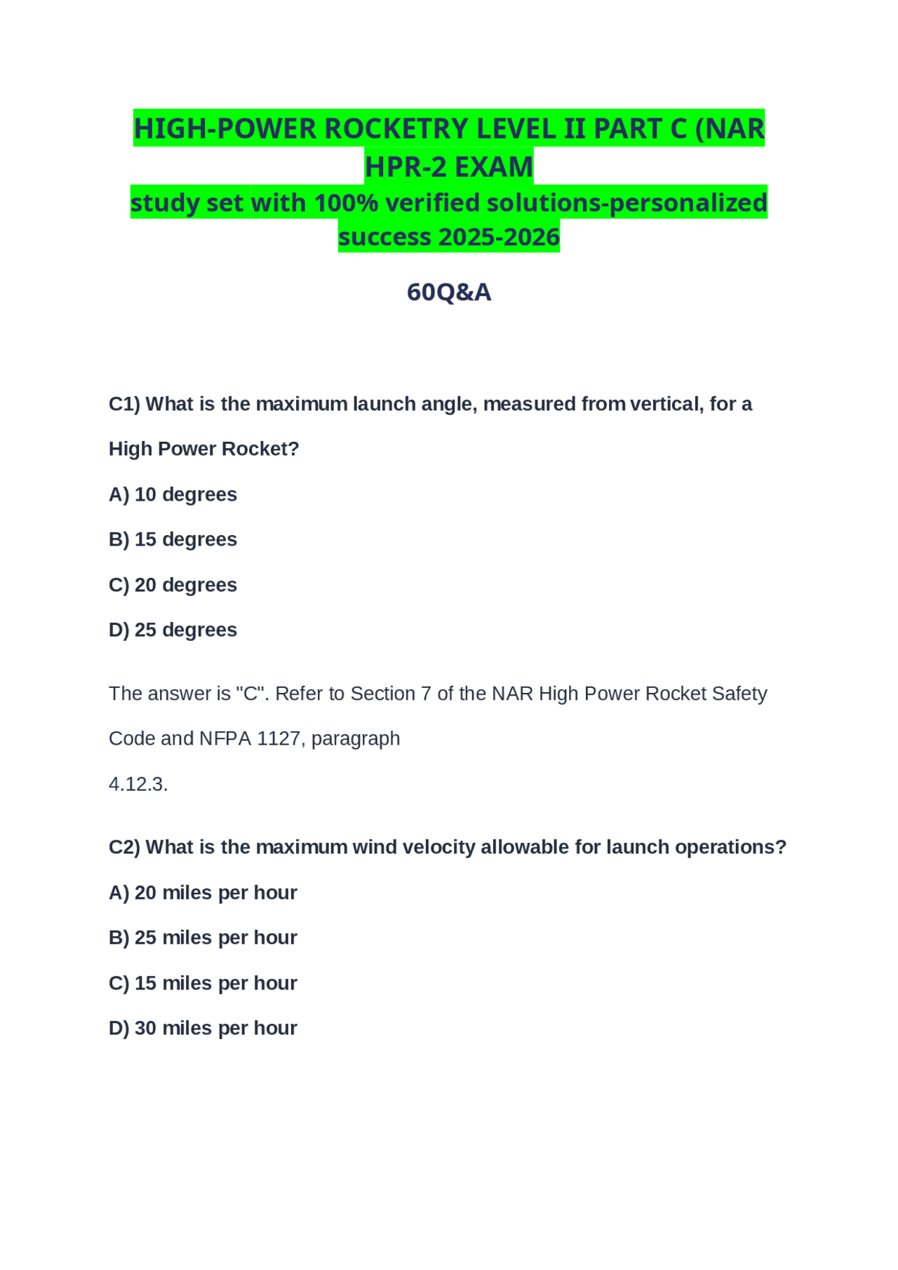HIGH-POWER ROCKETRY LEVEL II PART C (NAR HPR-2 EXAM study set with 100% ...