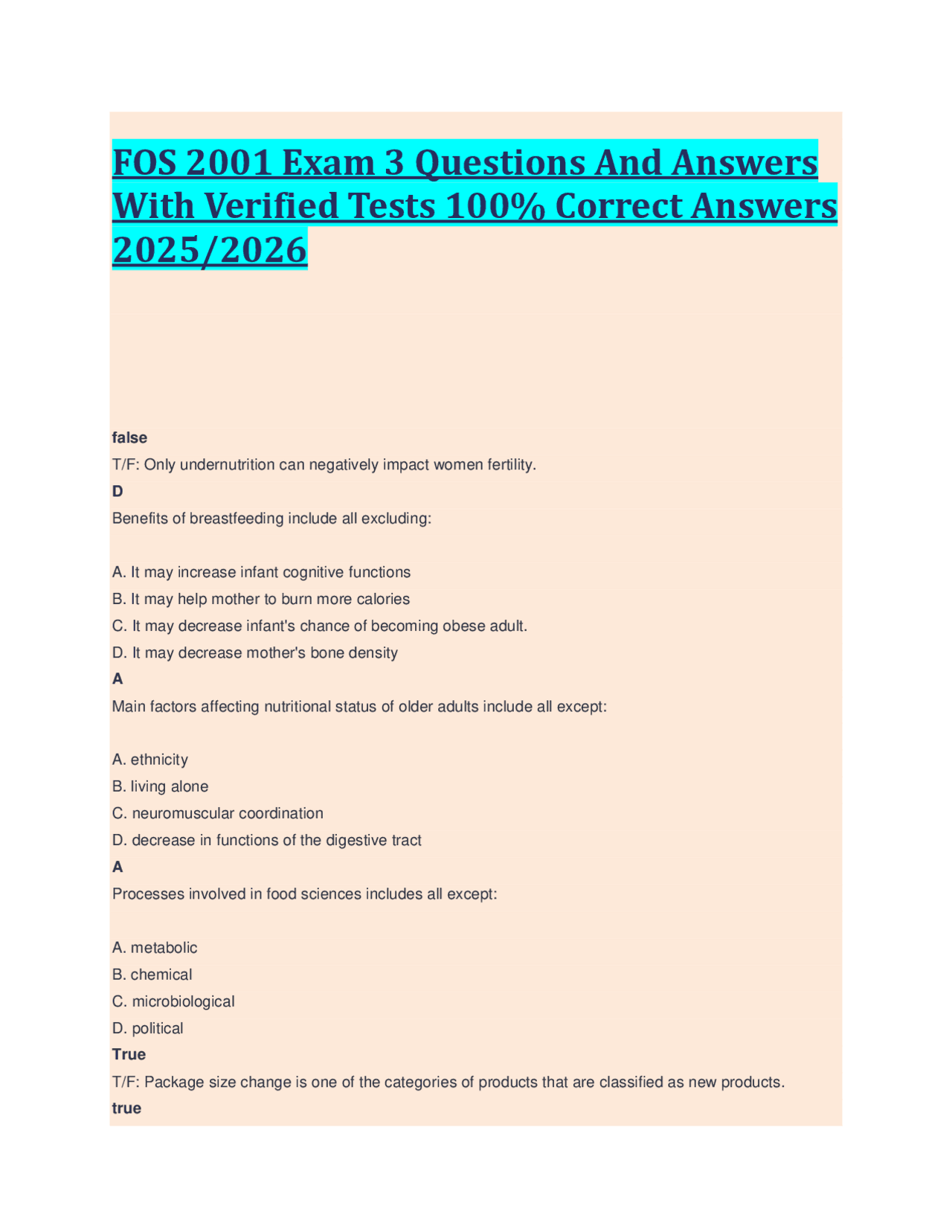 FOS 2001 Exam 3 Questions And Answers With Verified Tests 100% Correct ...
