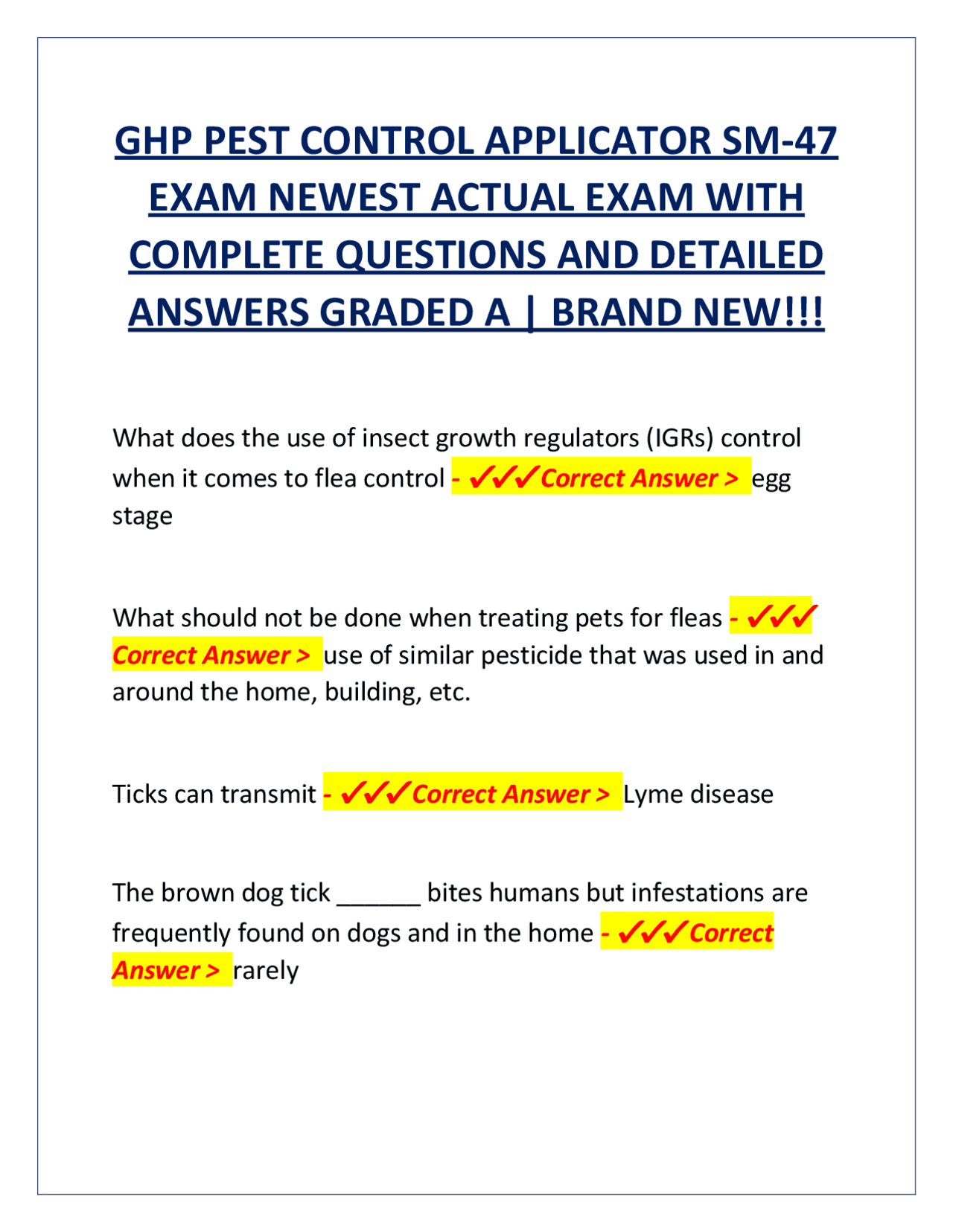 GHP Pest Control Applicator SM-47 Exam: Questions and Answers | Exams ...