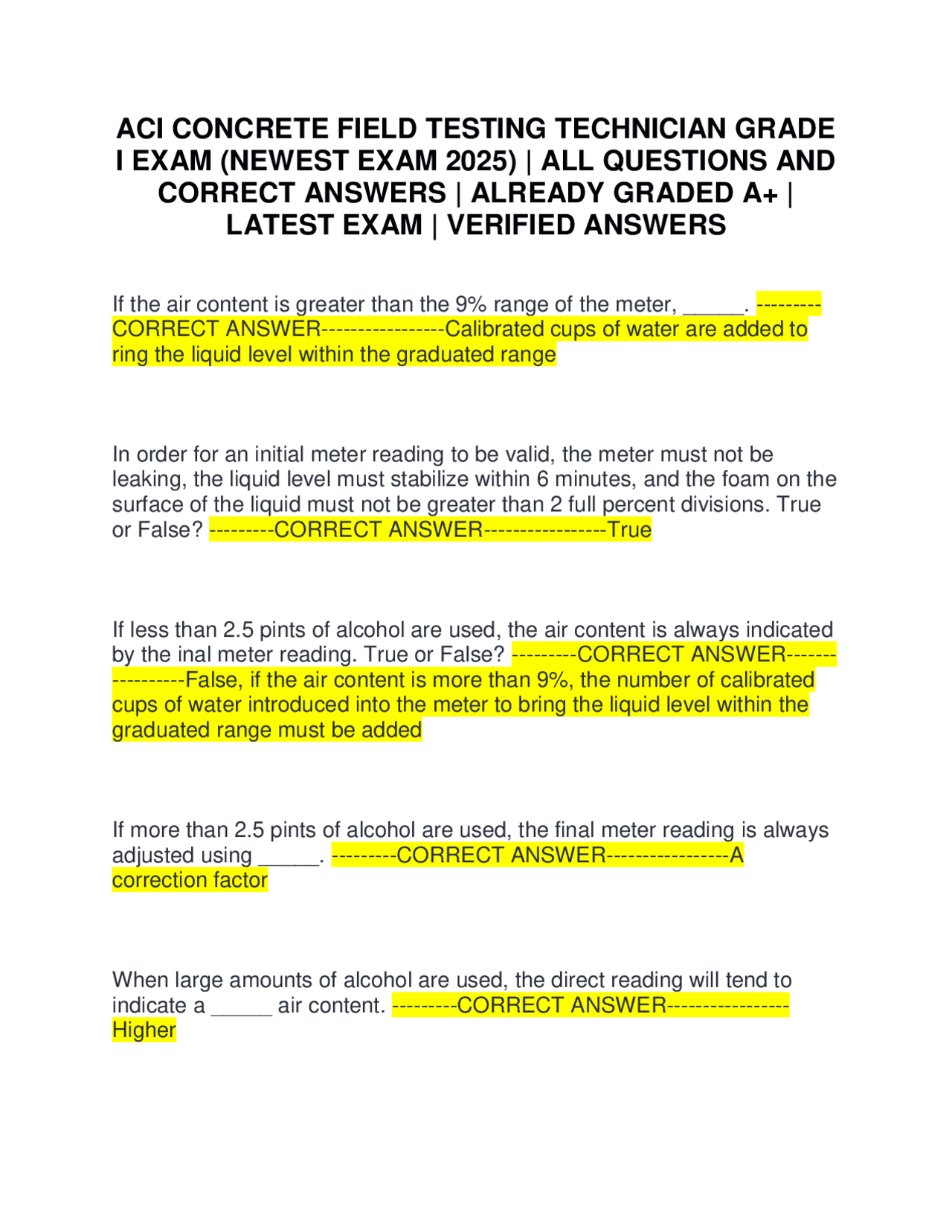 ACI CONCRETE FIELD TESTING TECHNICIAN GRADE I EXAM (NEWEST EXAM 2025 ...