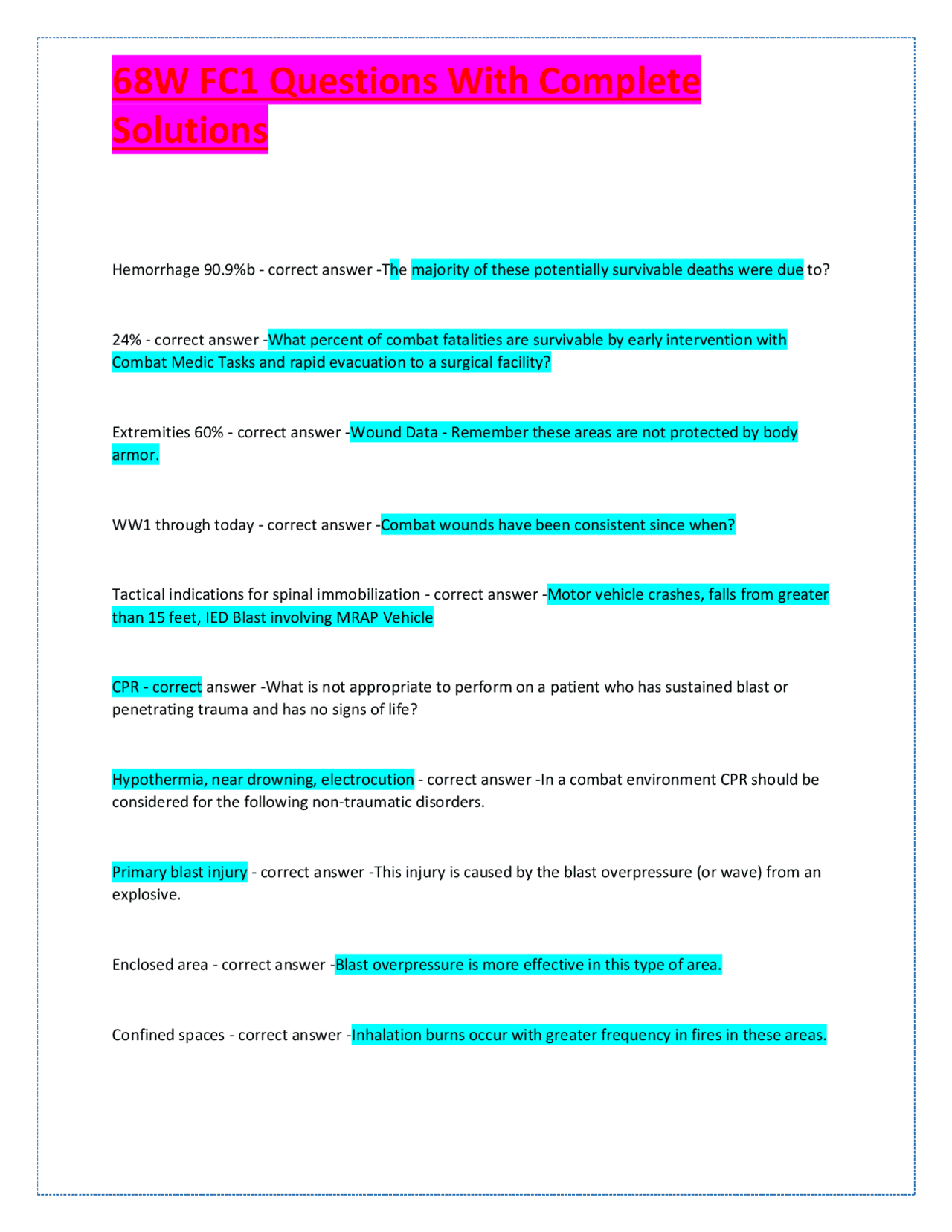 68W FC1 Questions With Complete Solutions | Exams Nursing | Docsity
