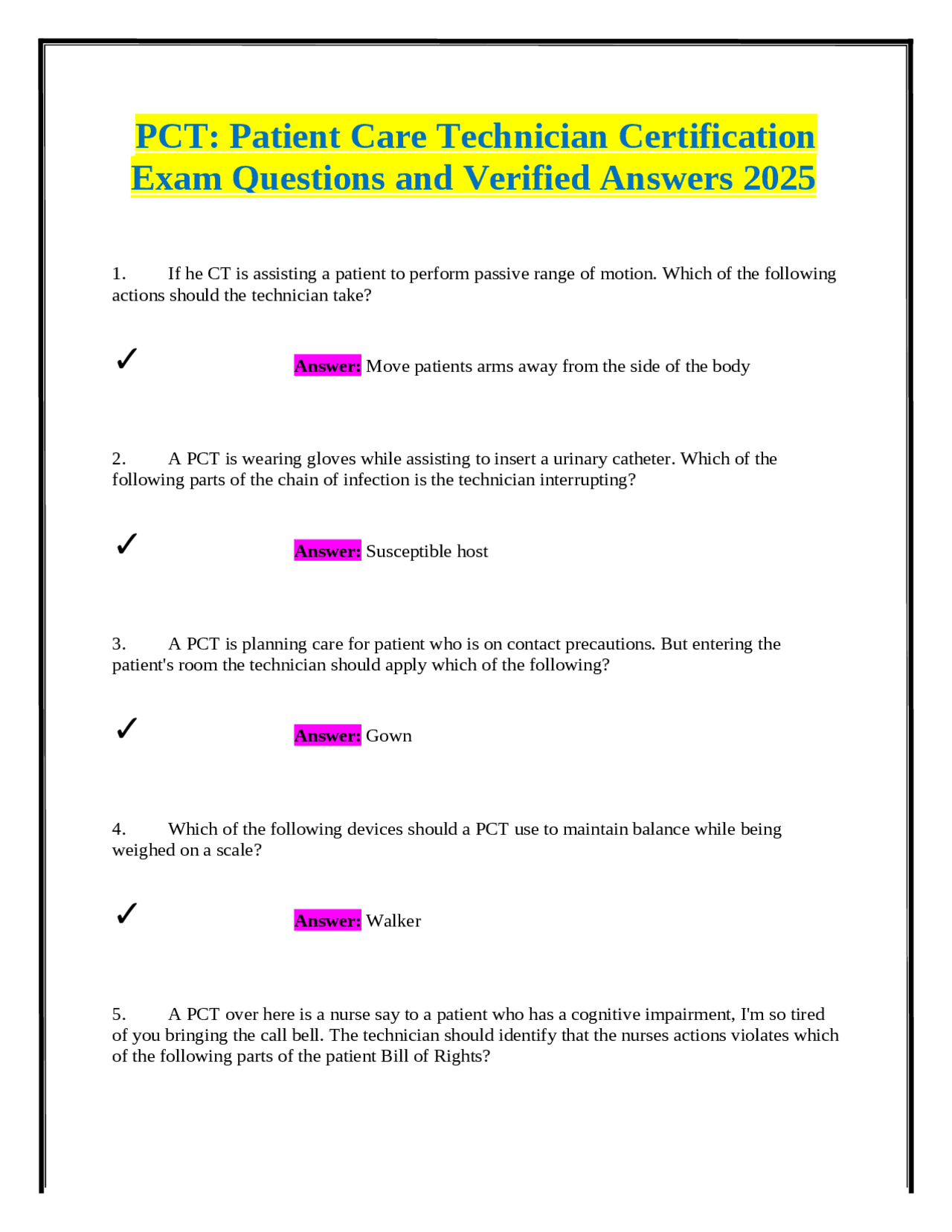 PCT- Patient Care Technician Certification Exam Questions and Verified ...
