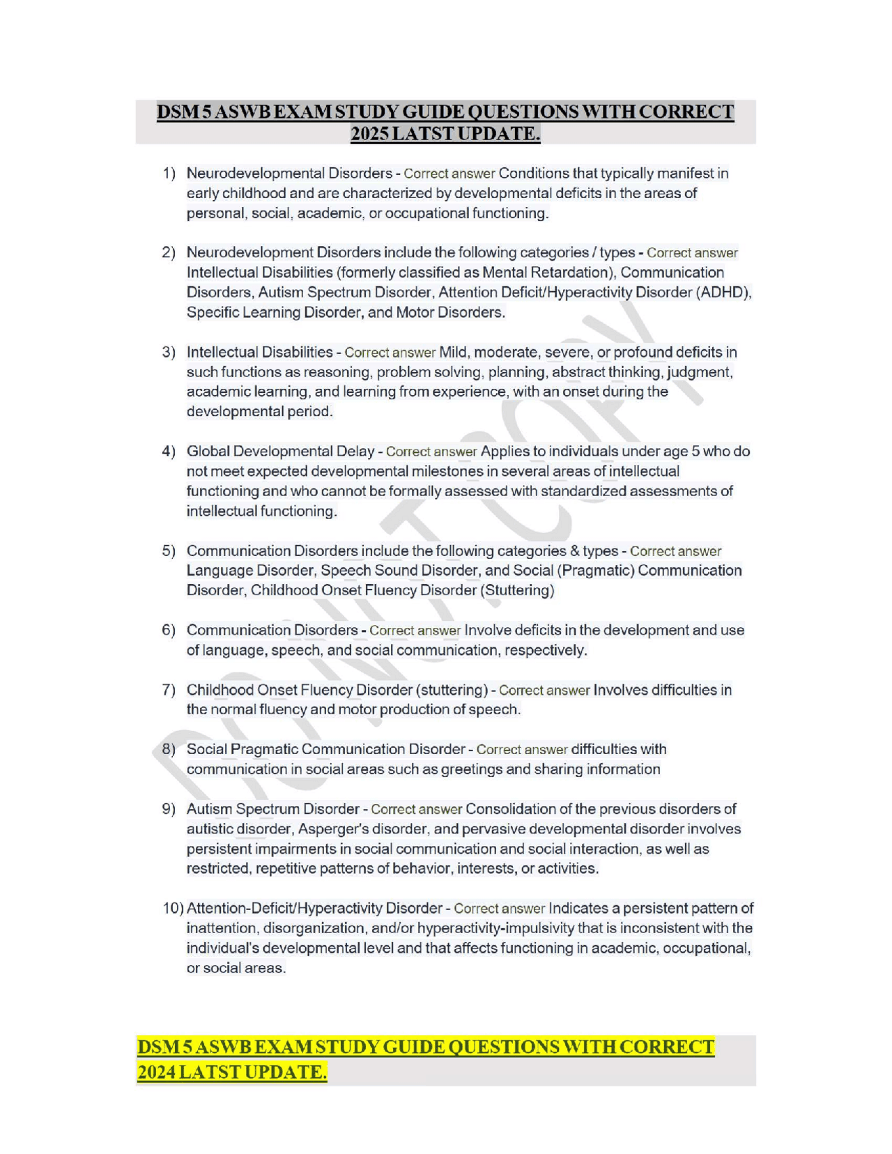 DSM 5 ASWB EXAM STUDY GUIDE QUESTIONS WITH CORRECT 2025 LATST UPDATE ...