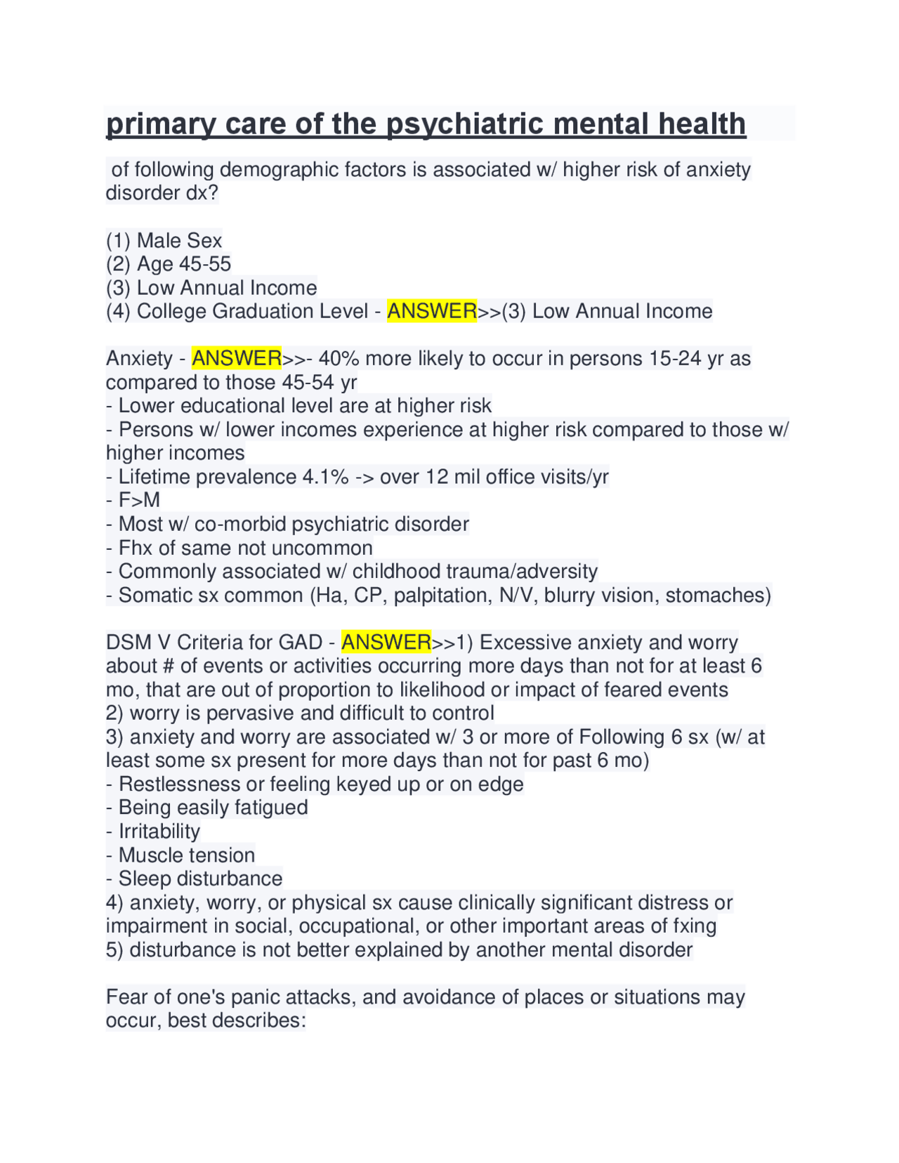 primary care of the psychiatric mental health | Exams Psychiatry | Docsity