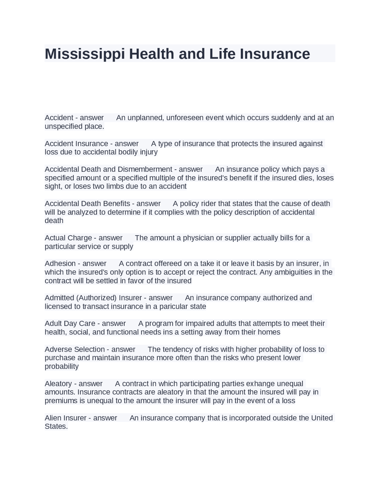 Glossary of Insurance Terms: Definitions and Explanations | Exams Advanced Education | Docsity