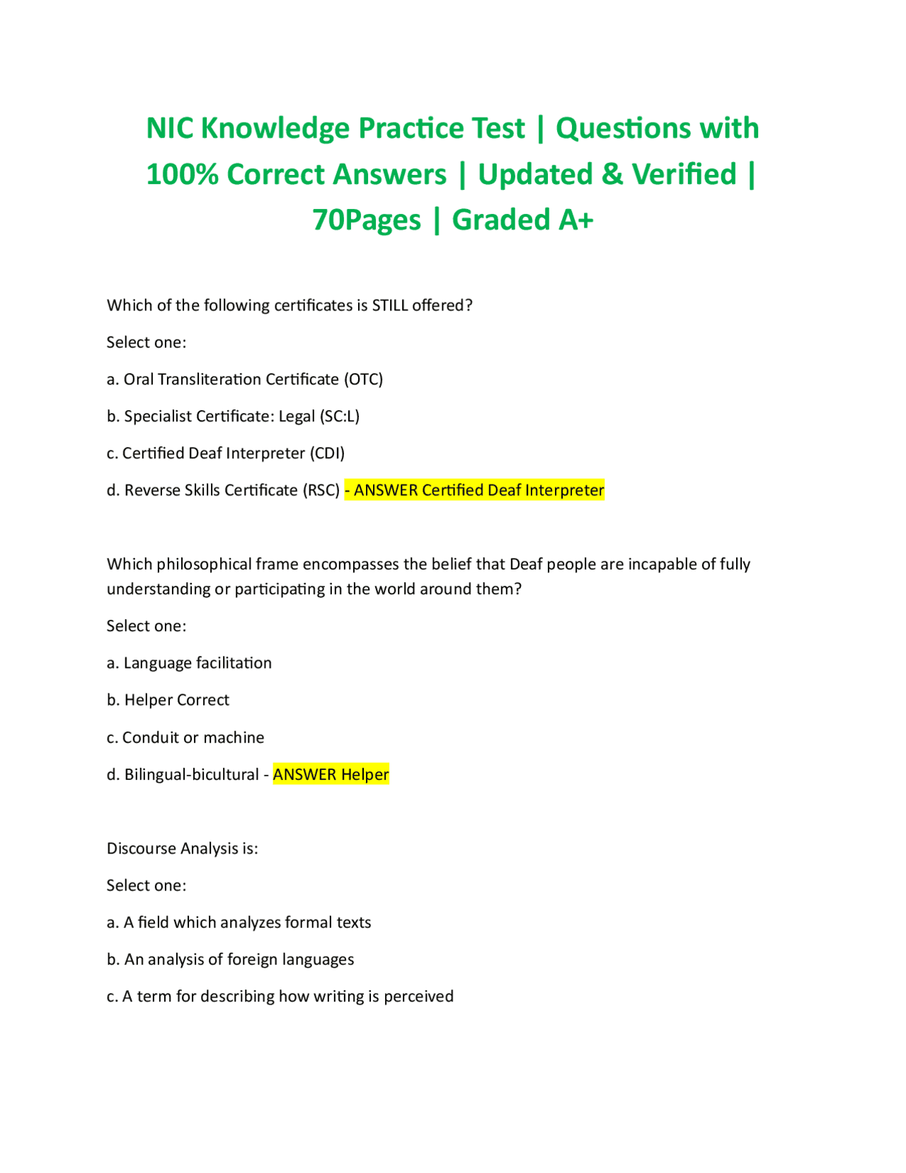 NIC Knowledge Practice Test | Questions with 100% Correct Answers ...