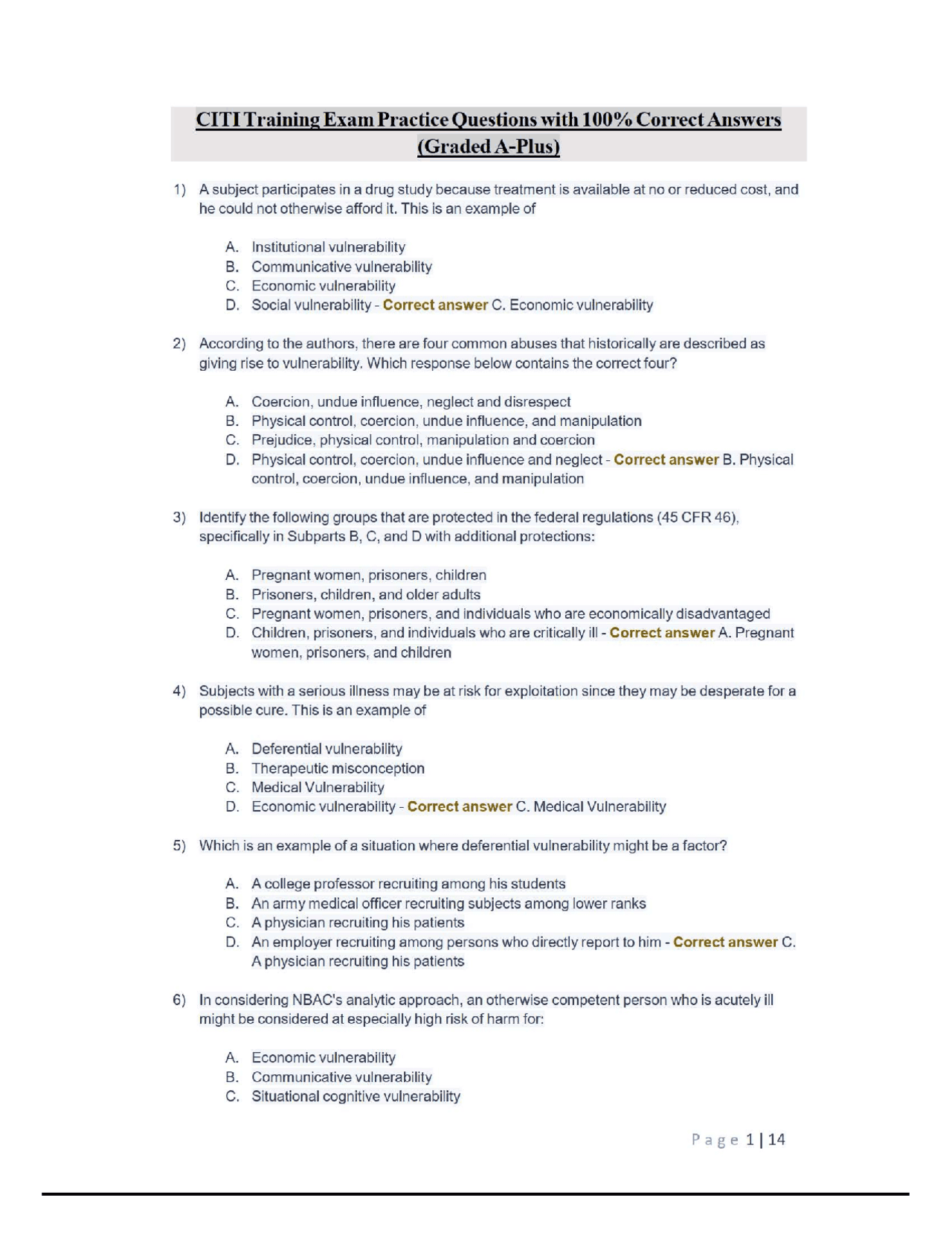 CITI Training Exam Practice Questions with 100% Correct Answers (Graded ...