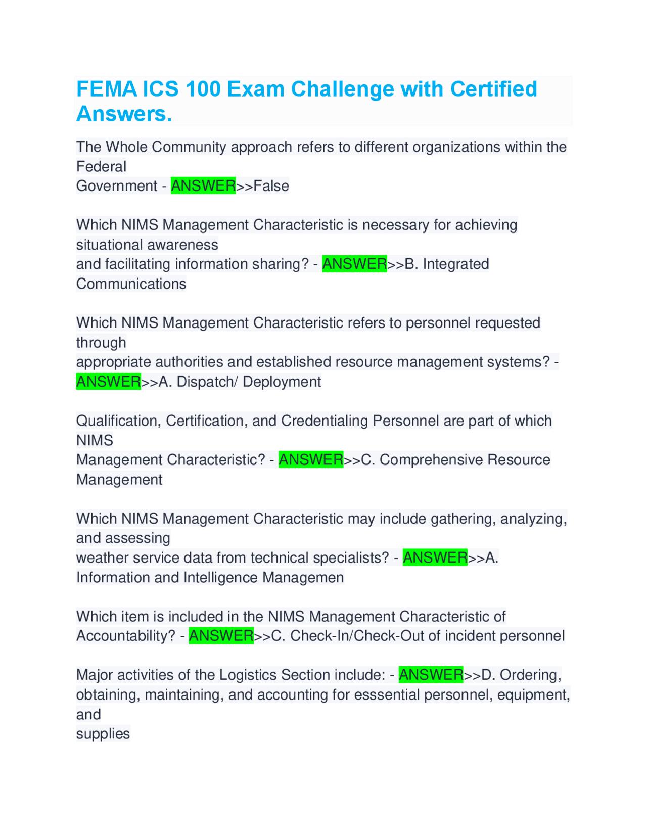 FEMA ICS 100 Exam Challenge with Certified Answers | Exams Nursing ...