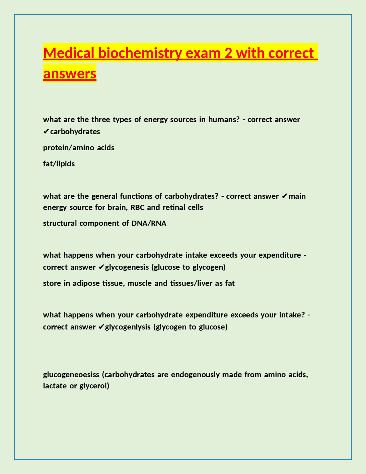 Medical Biochemistry Exam 2: Questions and Answers | Exams Medical Biochemistry | Docsity