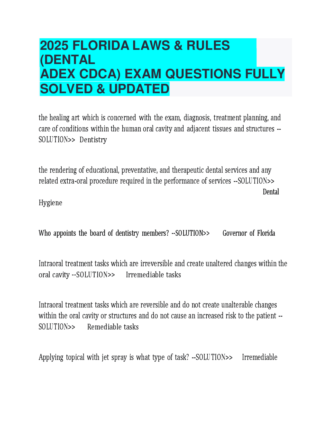 2025 FLORIDA LAWS & RULES (DENTAL ADEX CDCA) EXAM QUESTIONS FULLY ...