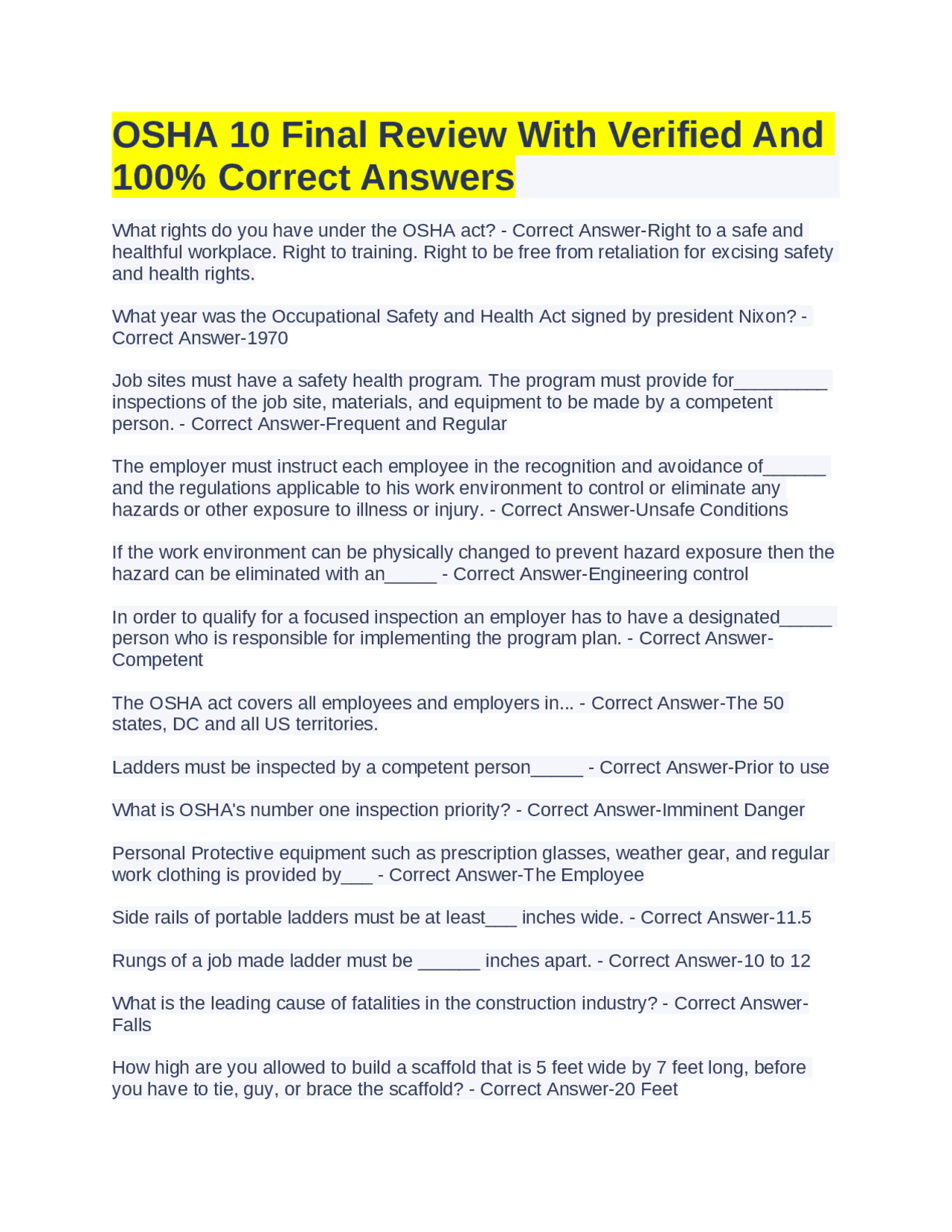 OSHA 10 Final Review With Verified And 100% Correct Answers | Exams ...