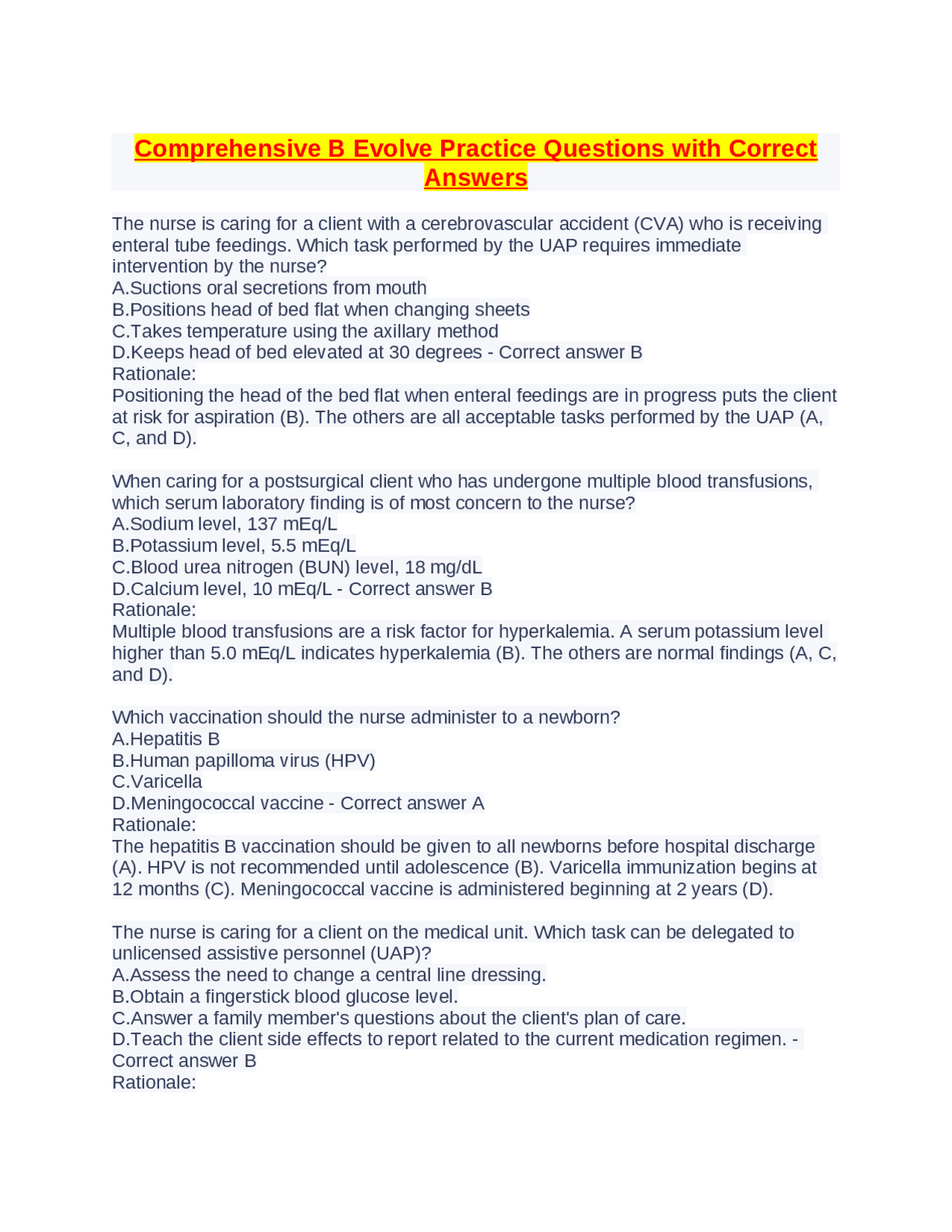 Comprehensive B Evolve Practice Questions with Correct Answers | Exams ...