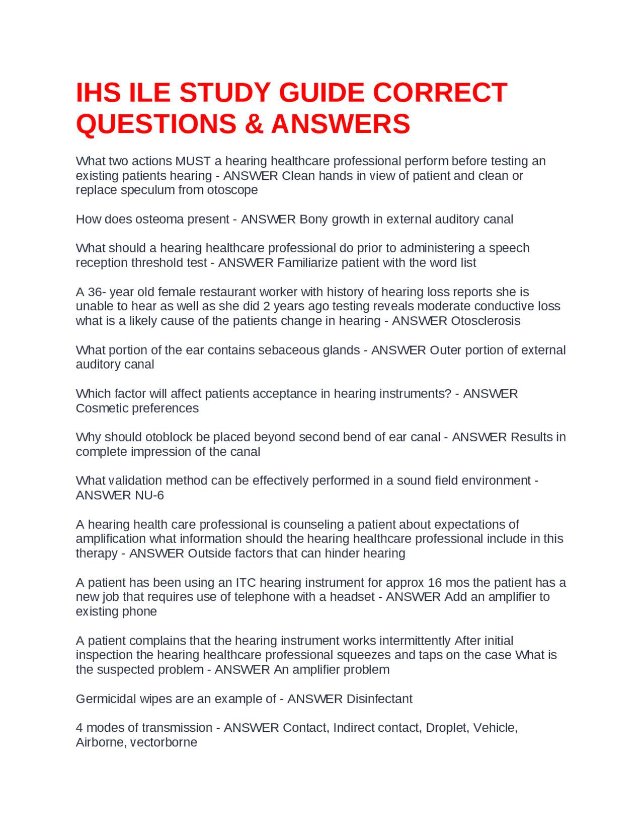 IHS ILE STUDY GUIDE CORRECT QUESTIONS & ANSWERS | Exams Nursing | Docsity