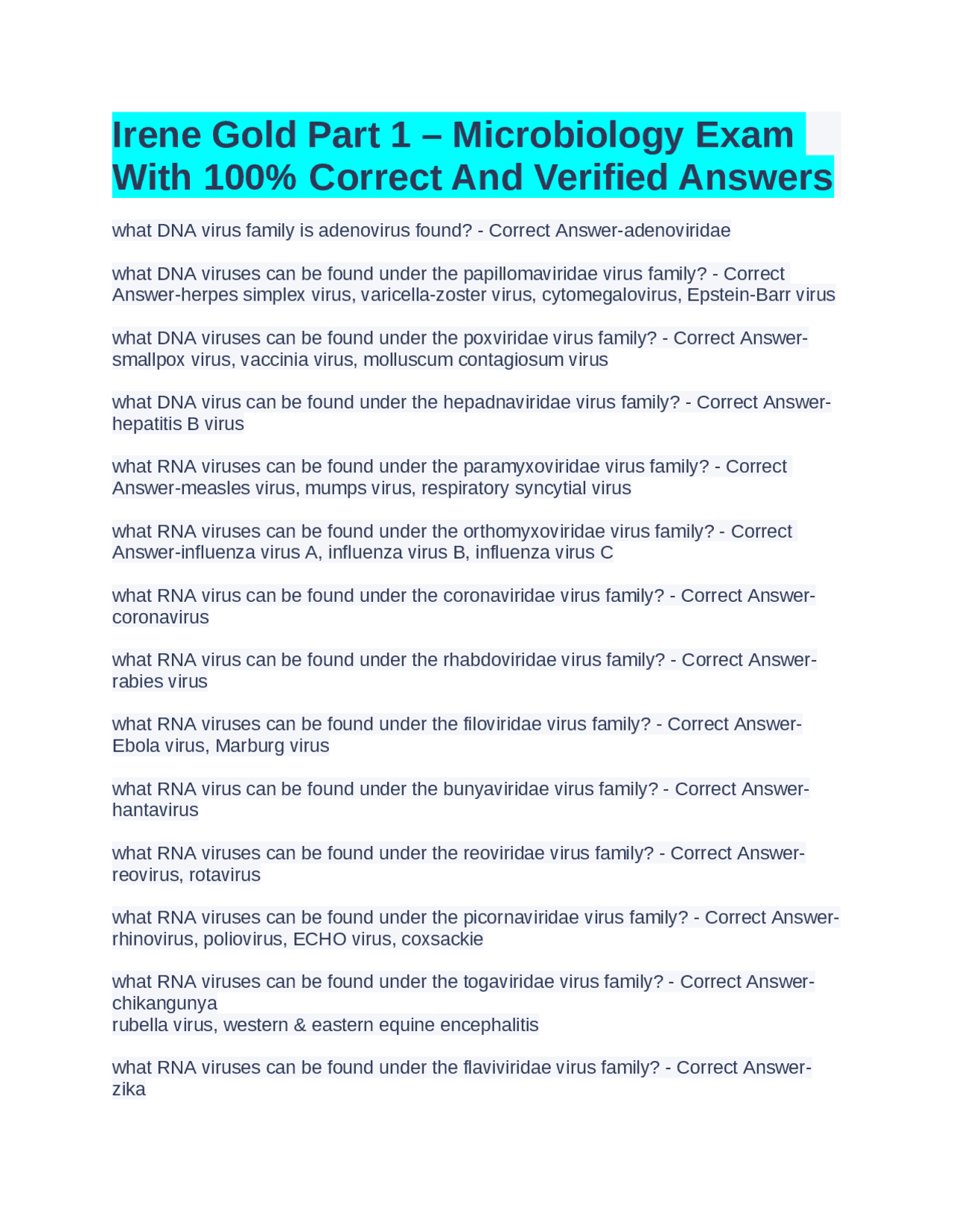 Irene Gold Part 1 – Microbiology Exam With 100% Correct And Verified ...