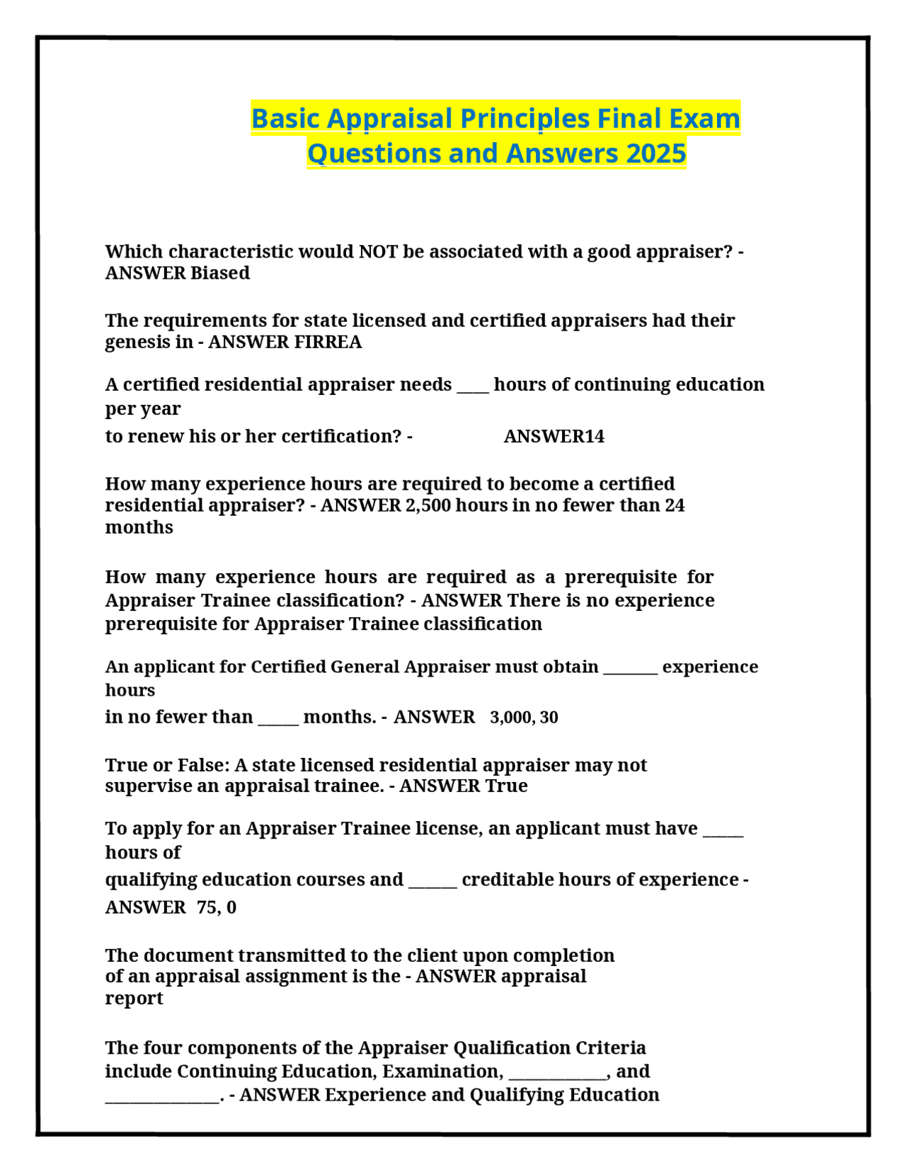 Basic Appraisal Principles Final Exam: Questions and Answers | Exams ...