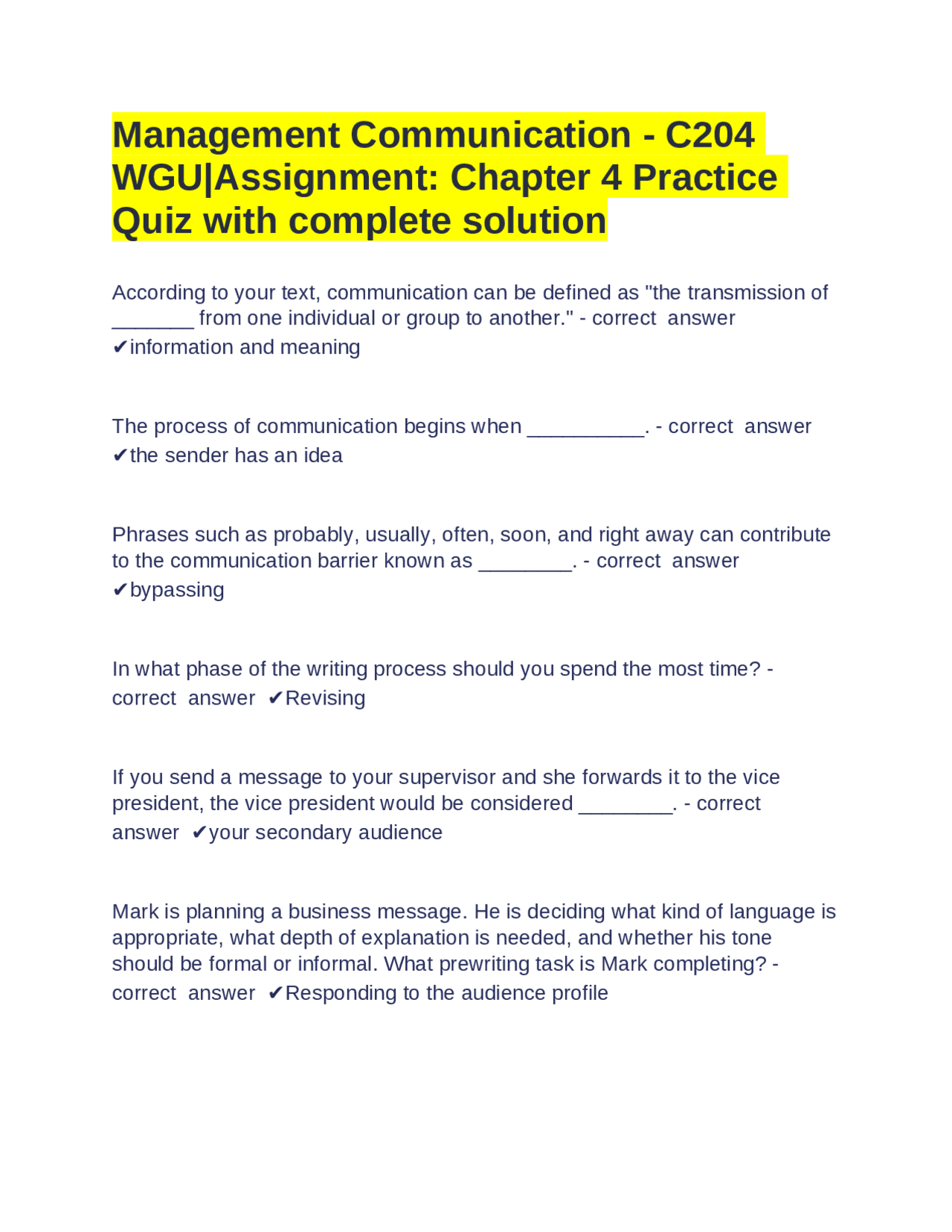 Management Communication - C204: Chapter 4 Practice Quiz with Complete ...
