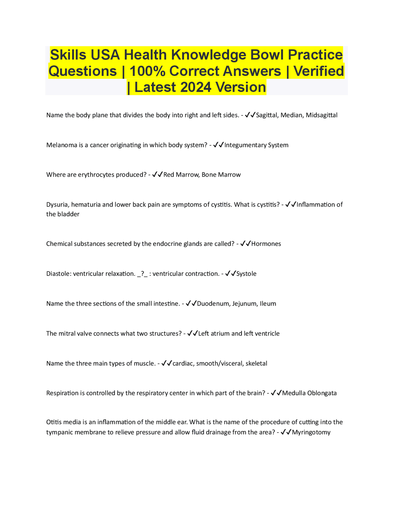Skills USA Health Knowledge Bowl Practice Questions | 100% Correct ...