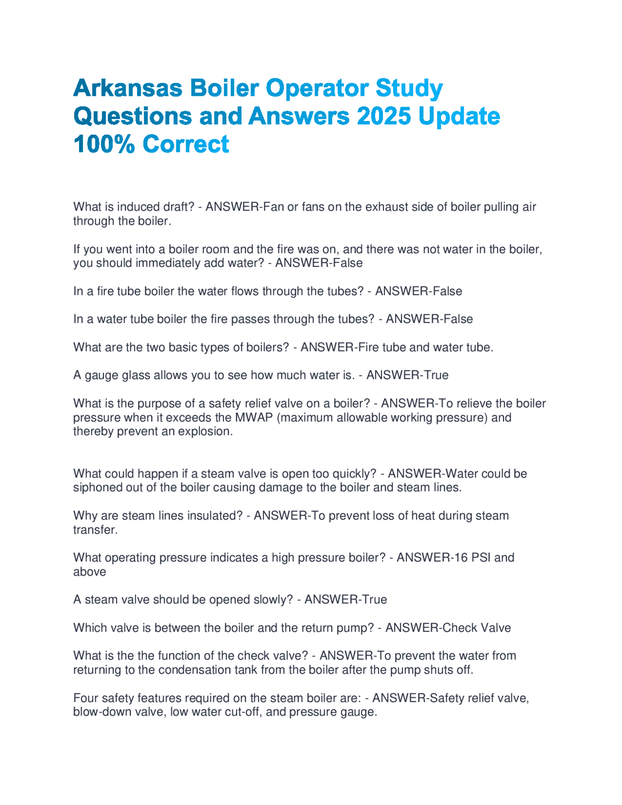 Arkansas Boiler Operator Study Questions and Answers 2025 Update 100% Correct | Exams Advanced ...