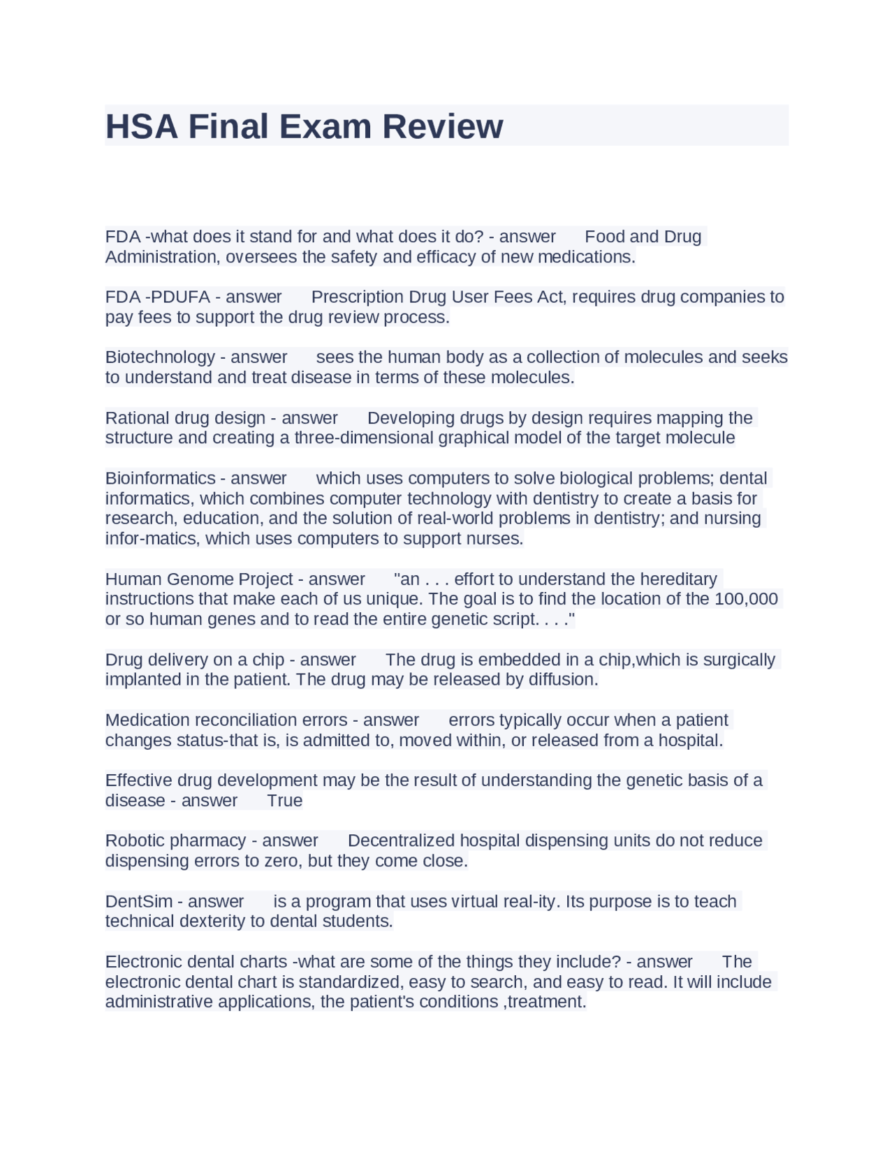 HSA Final Exam Review Questions with Correct Answers | Exams Advanced ...