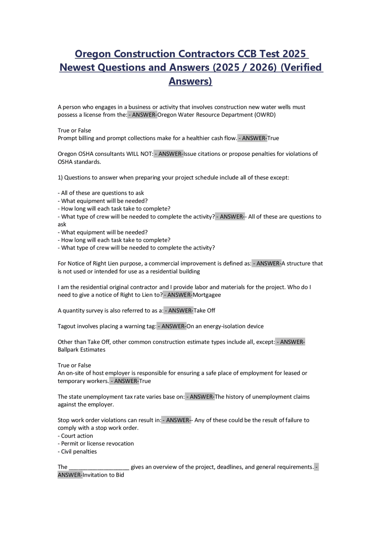 Oregon Construction Contractors CCB Test 2025: Questions and Answers ...