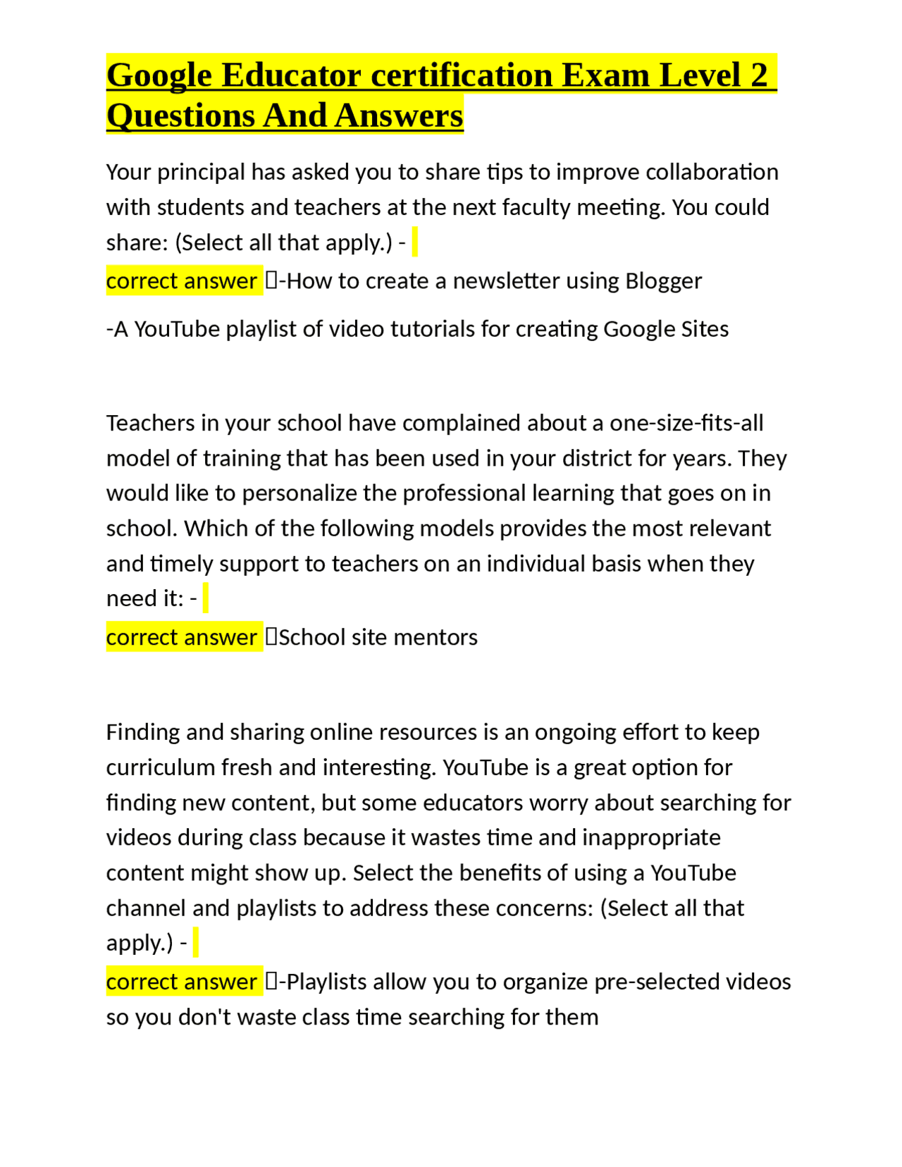 Google Educator certification Exam Level 2 Questions And Answers ...