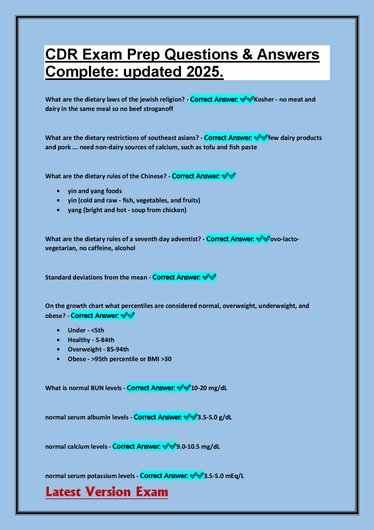 CDR Exam Prep Questions & Answers Complete: updated 2025. | Exams Nutrition | Docsity