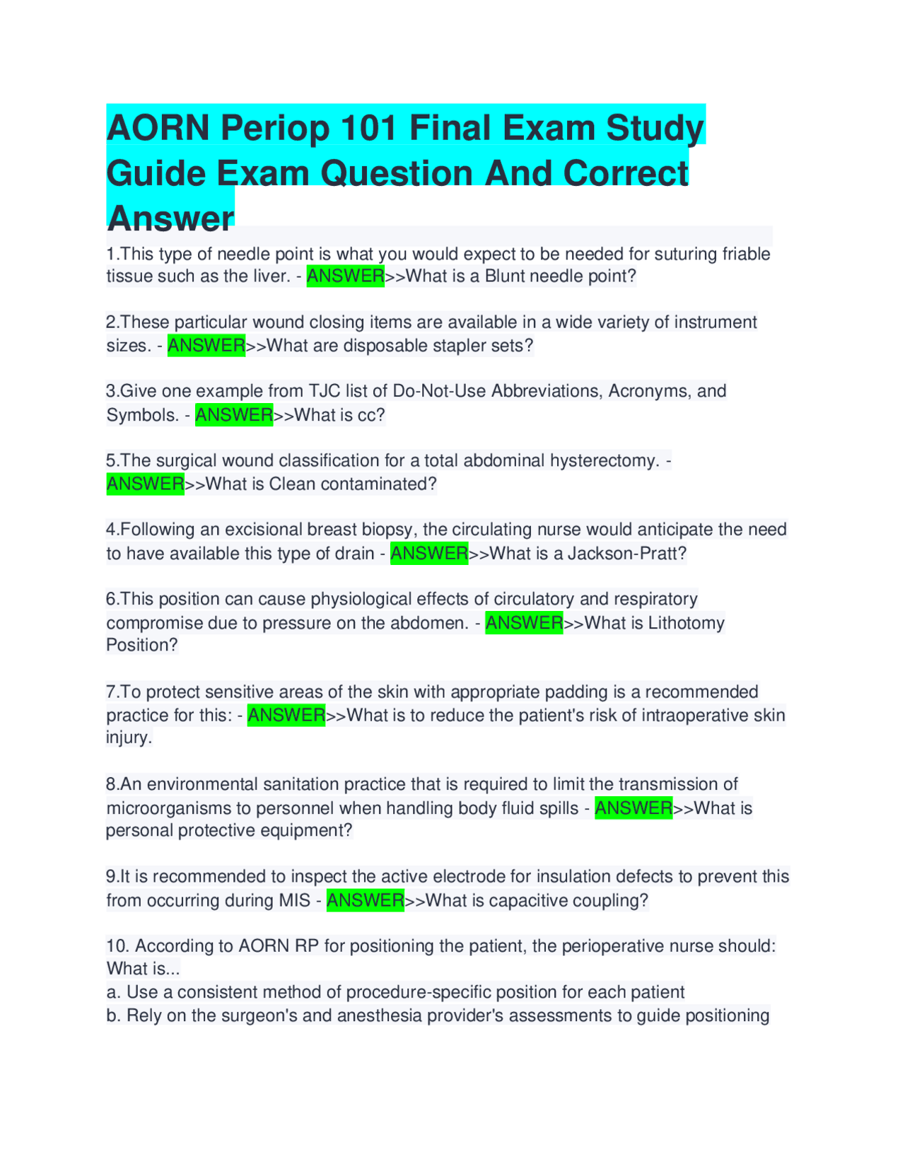 AORN Periop 101 Final Exam Study Guide: Questions and Answers ...