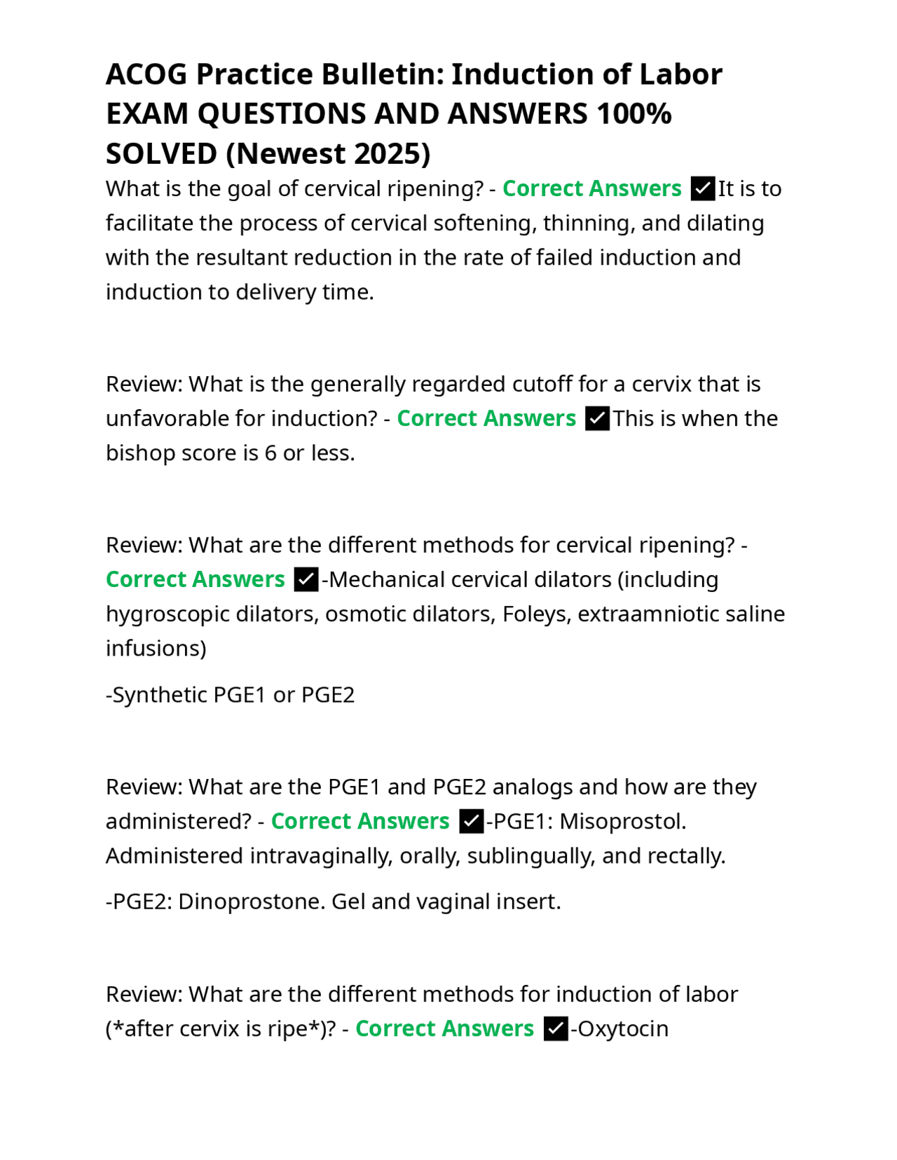 ACOG Practice Bulletin Induction of Labor EXAM QUESTIONS AND ANSWERS ...