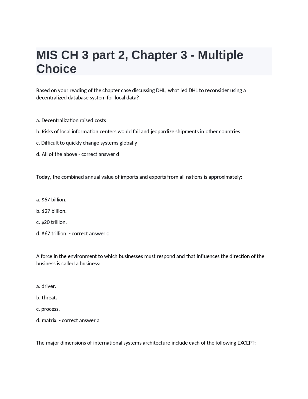 MIS CH 3 part 2 Exam With Correct Actual Questions And Answers. | Exams ...