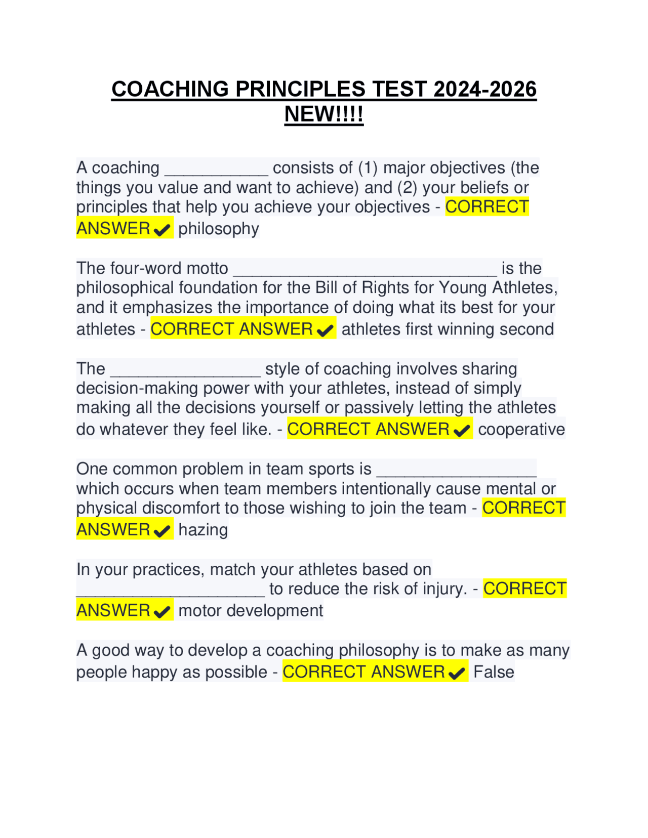 COACHING PRINCIPLES TEST 2024-2026 NEW!!!! | Exams Nursing | Docsity