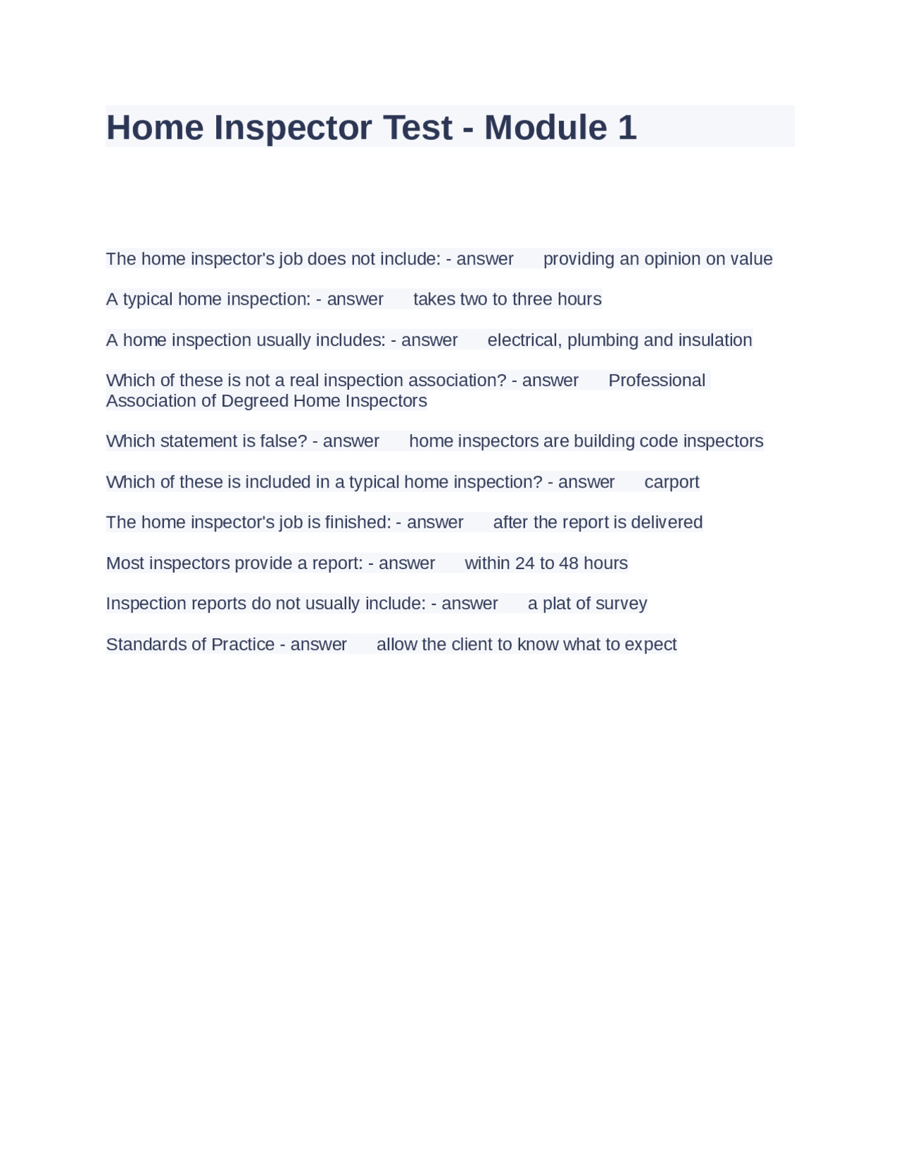 Home Inspector Test - Module 1 Questions and Answers 100% Correct ...