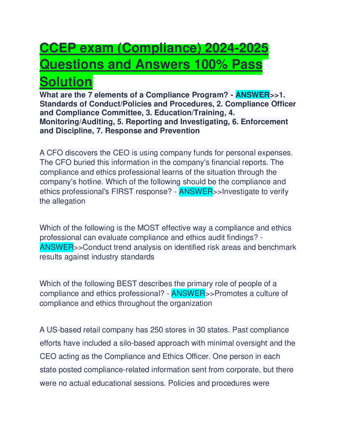 CCEP exam (Compliance) 2024-2025 Questions and Answers 100% Pass ...