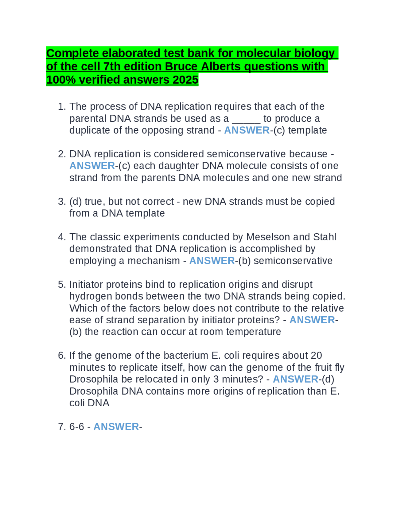 Complete elaborated test bank for molecular biology of the cell 7th ...