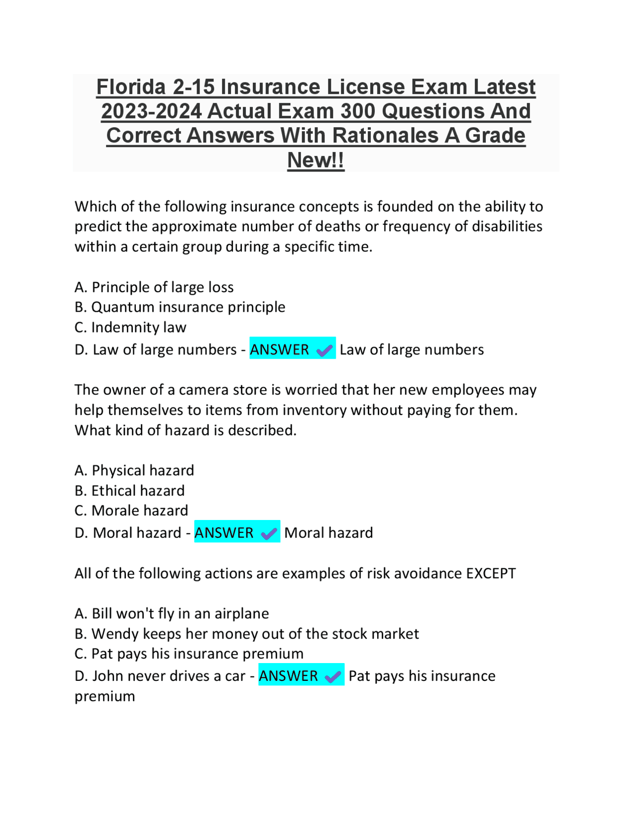 Florida 2-15 Insurance License Exam Latest 2023-2024 Actual Exam 300 ...