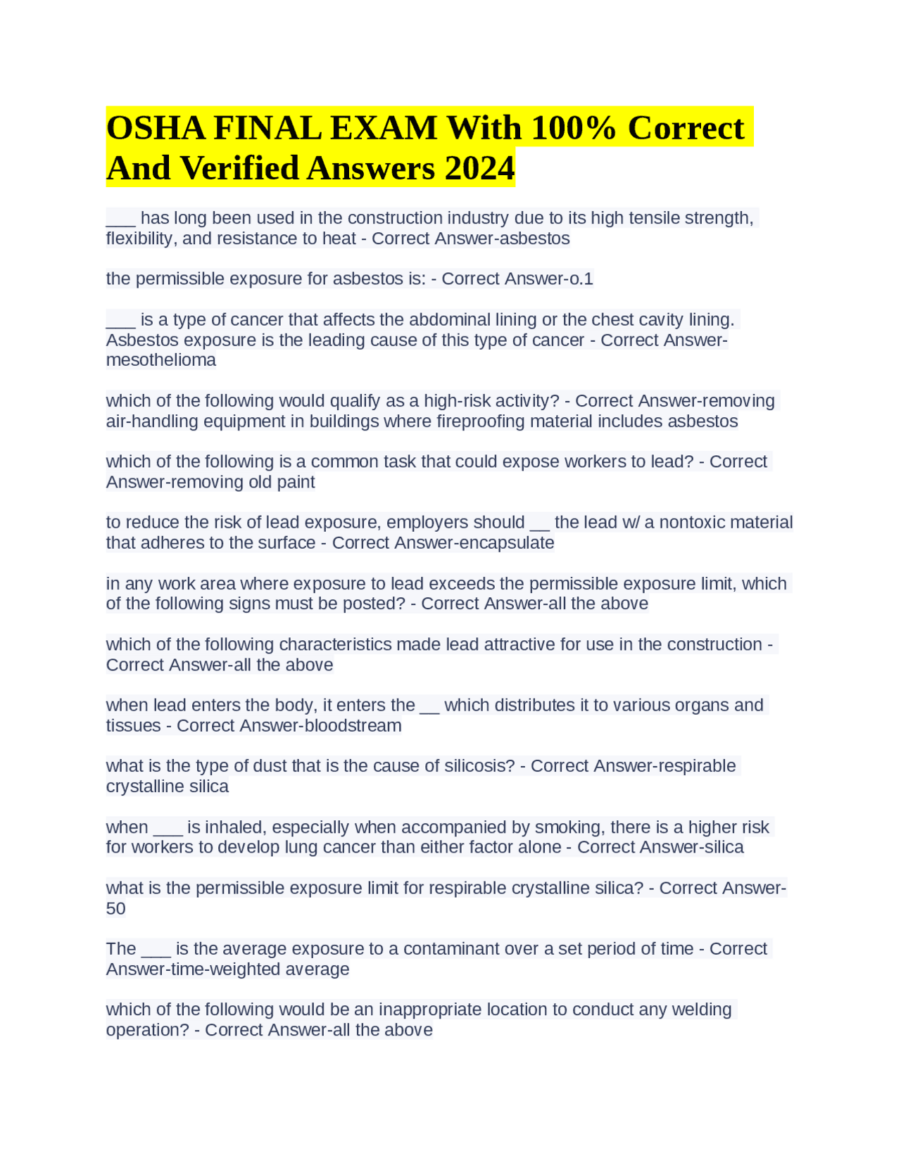 OSHA FINAL EXAM With 100% Correct And Verified Answers 2024 | Exams ...