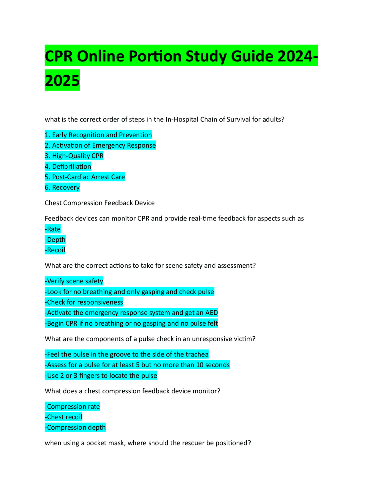 CPR Online Portion Study Guide 2024 2025 | Exams Health sciences | Docsity